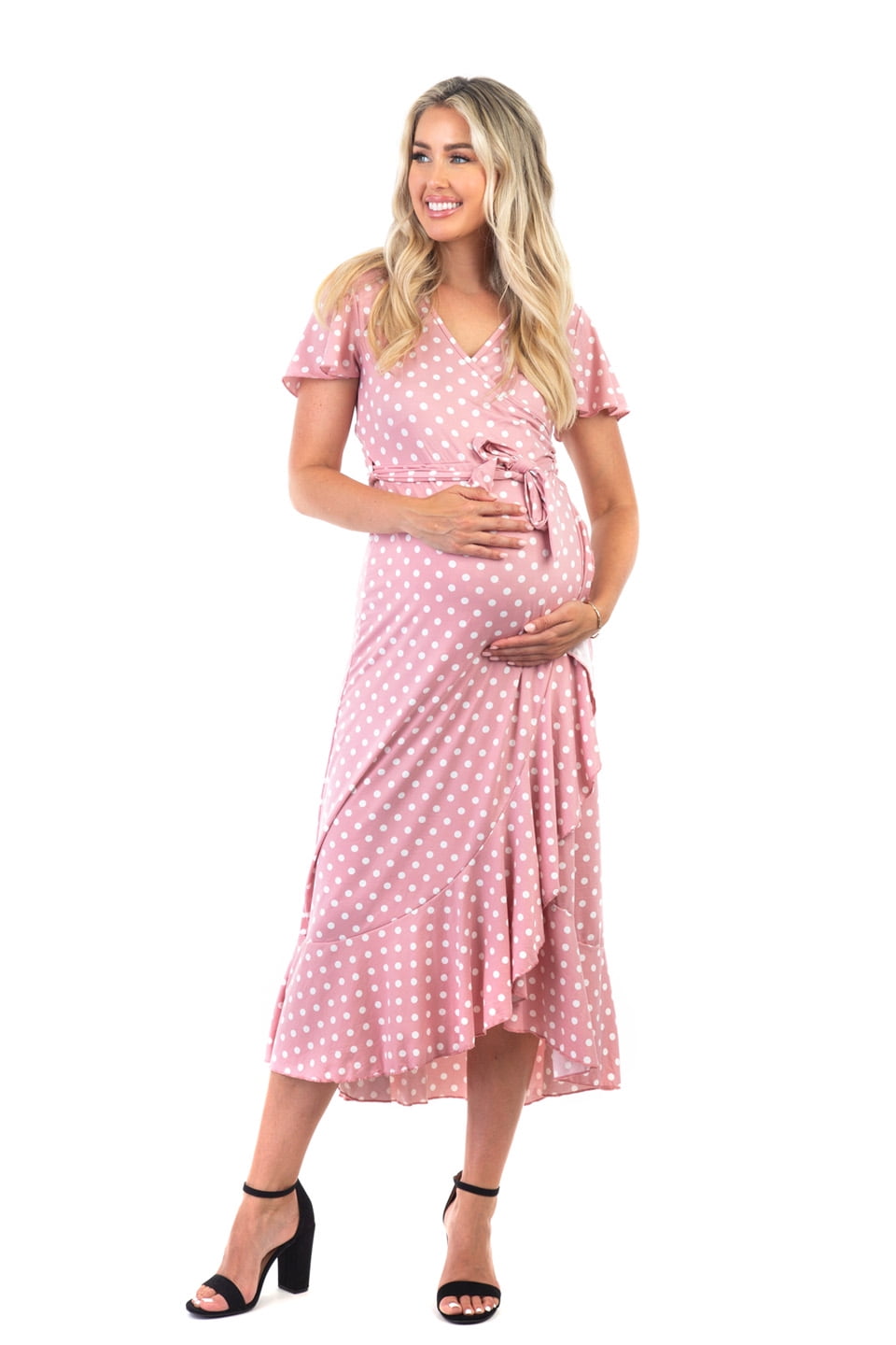 Maternity and Nursing Faux Wrap Butterfly Sleeve Polka Dot Dress with ...