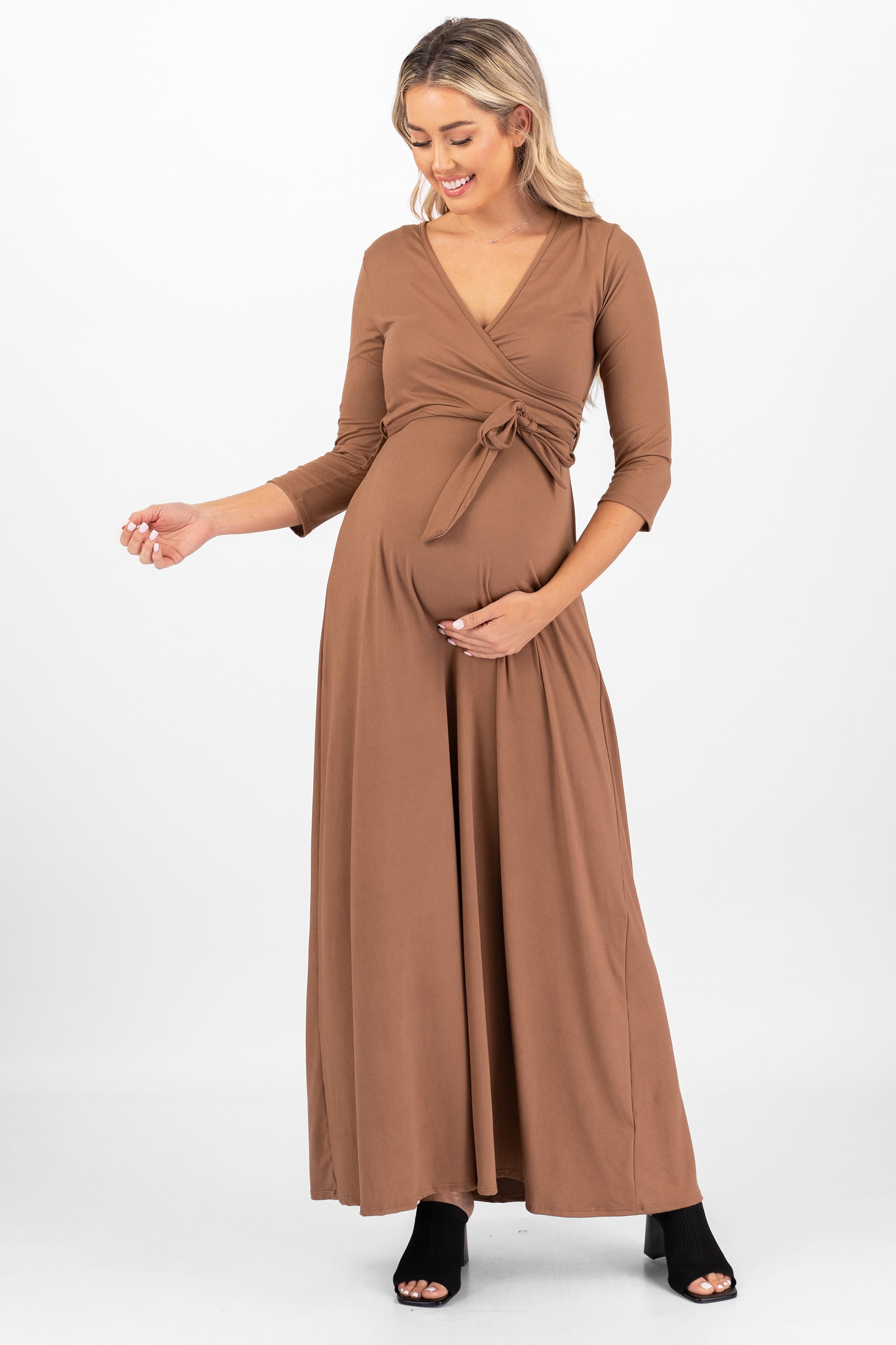 Maternity and Nursing Maxi Faux Wrap Dress with Adjustable Belt ...