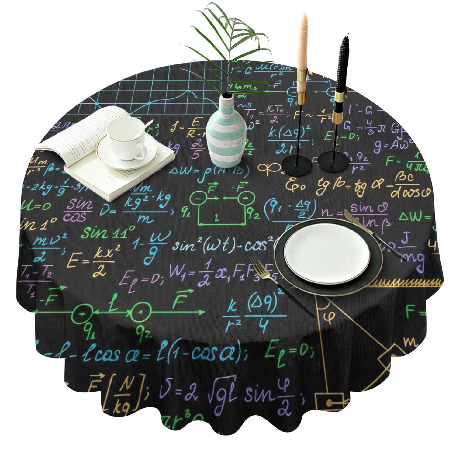Math Equations Physics Formulas Black Pattern Round Tablecloth 60"x60 ...