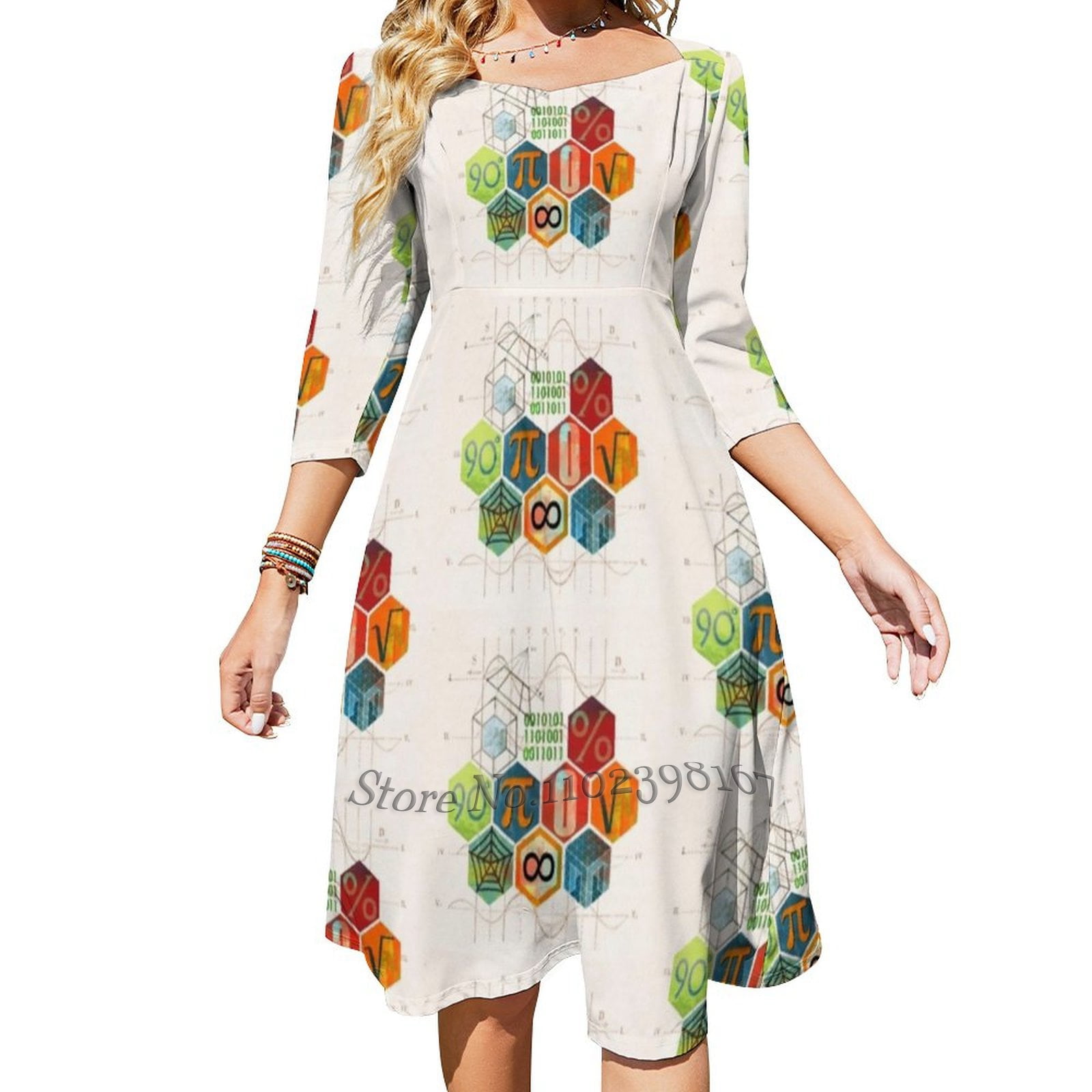 Math Game In White Square Neck Dress Cute Loose Print Dresses Elegant ...