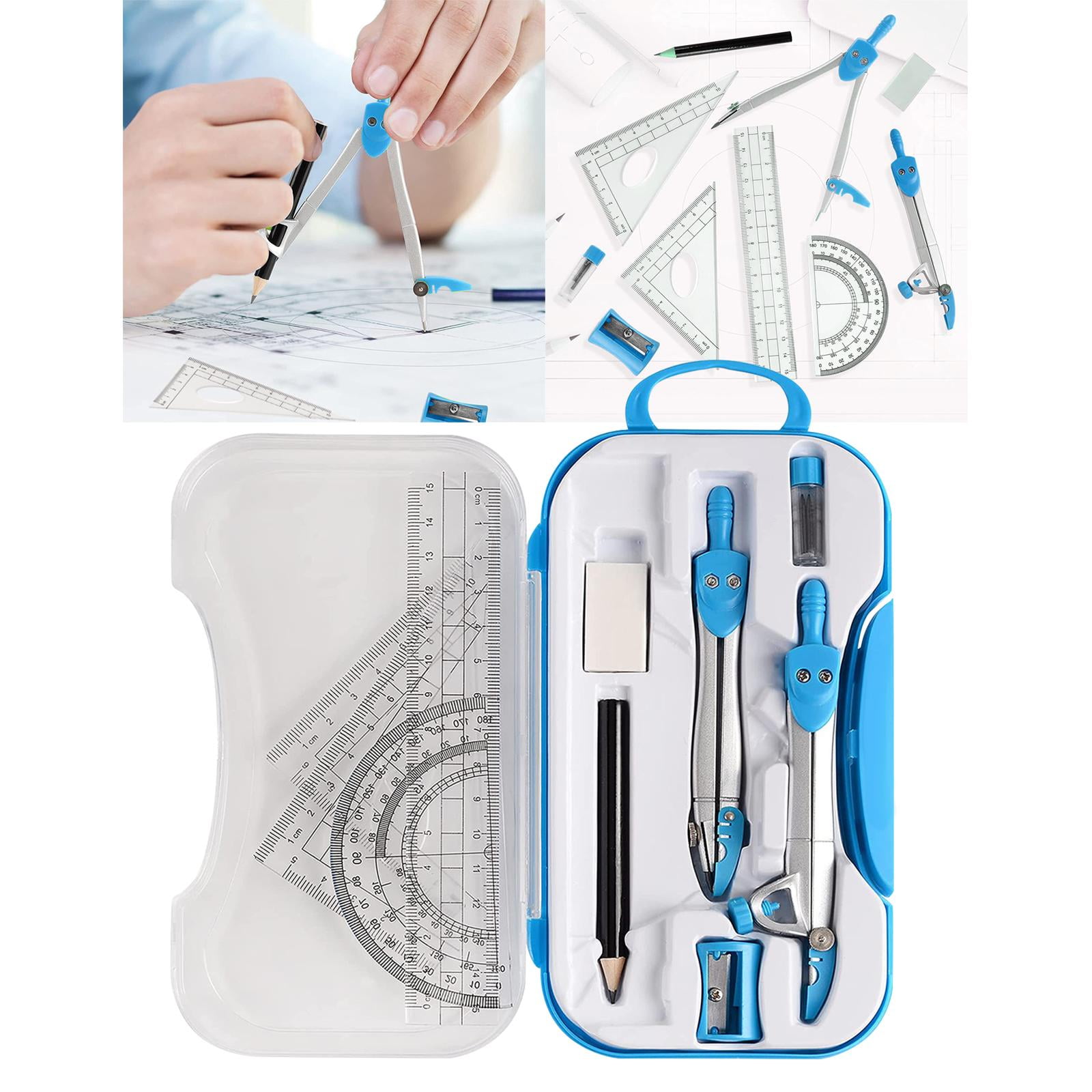 Math Geometry Protractor Set Ruler Eraser Stationery with Storage Case ...