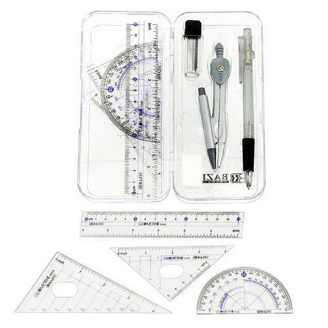 Math Geometry Tool Set - 8 Pieces - Rulers, Protractor, Compass and ...