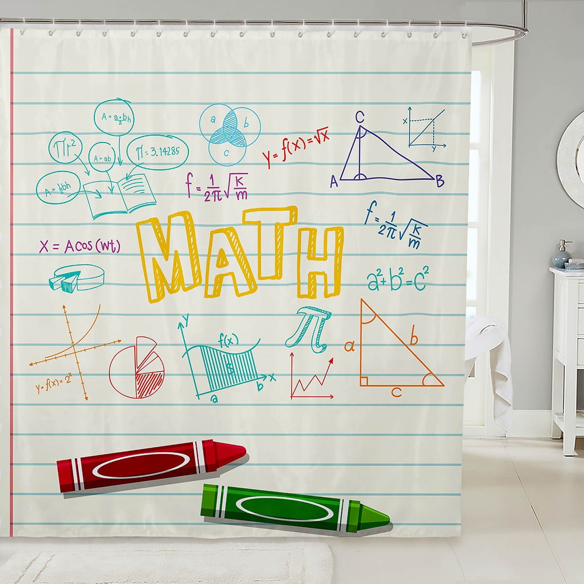 Math Theme Curtains for Boys Girls Math Equation Shower Curtain Math Geometry Science Style Bath ...