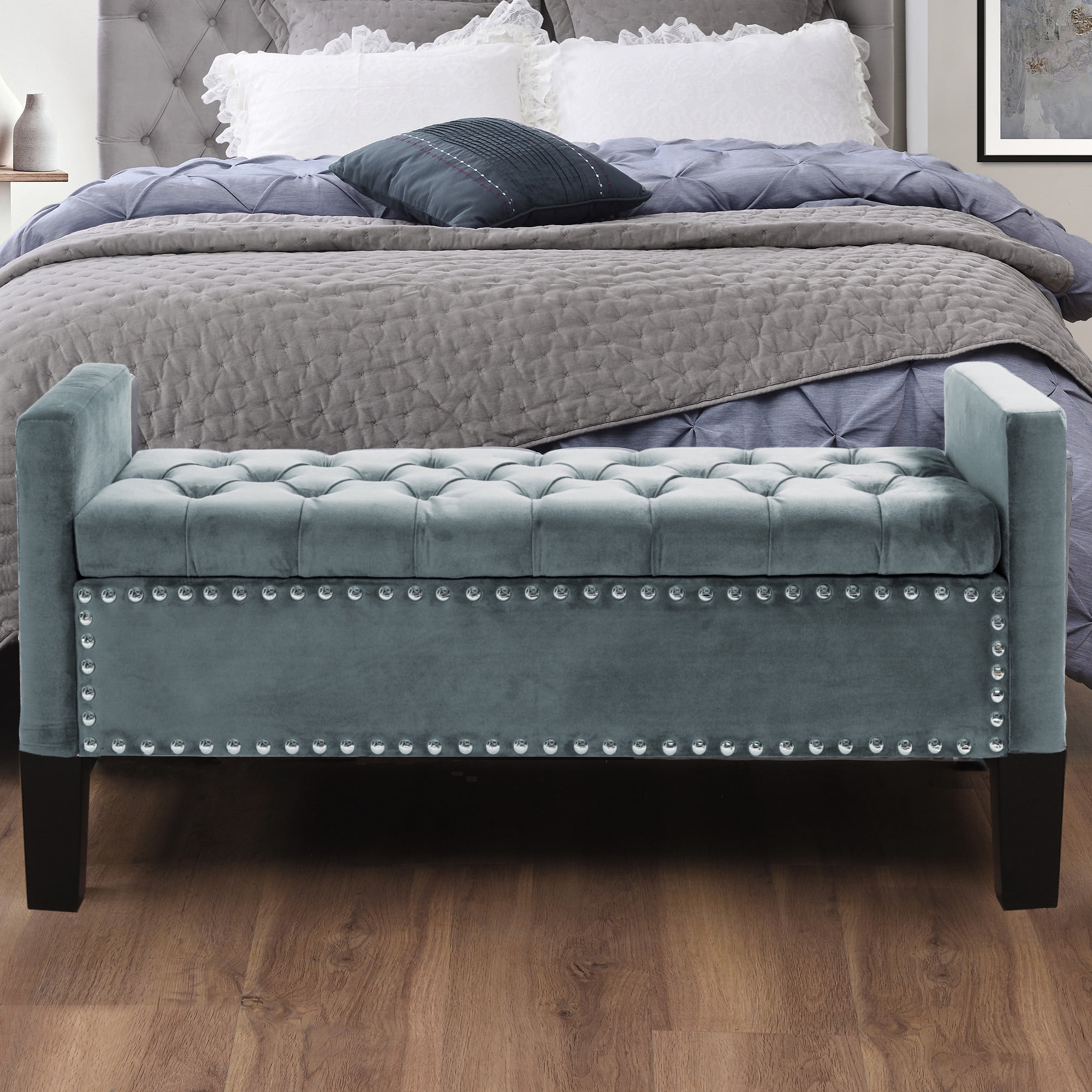Mathias Slate Blue Velvet Storage Bench - Button Tufted, Silver ...