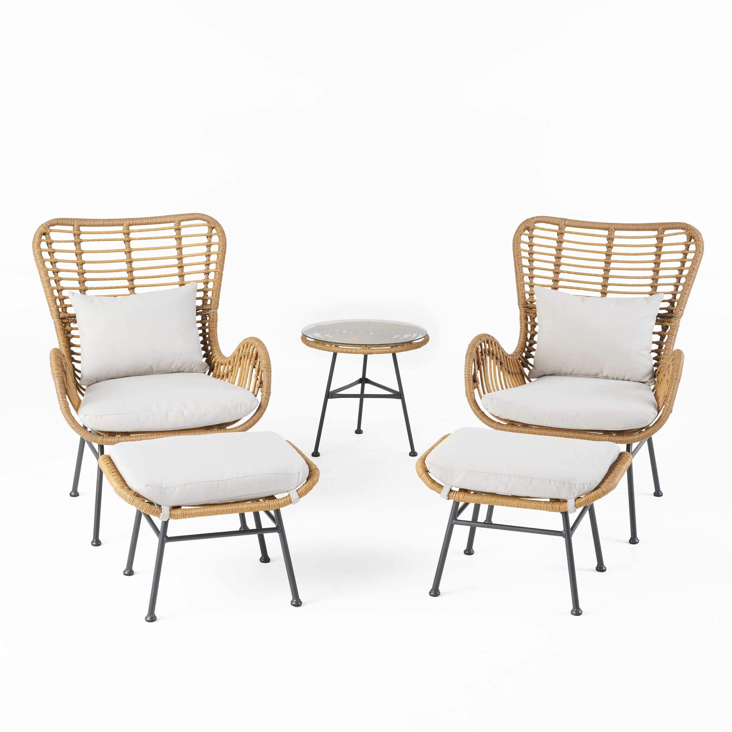 Noble House Montana Outdoor 5 Piece Wicker Chat Set with Ottomans Beige ...
