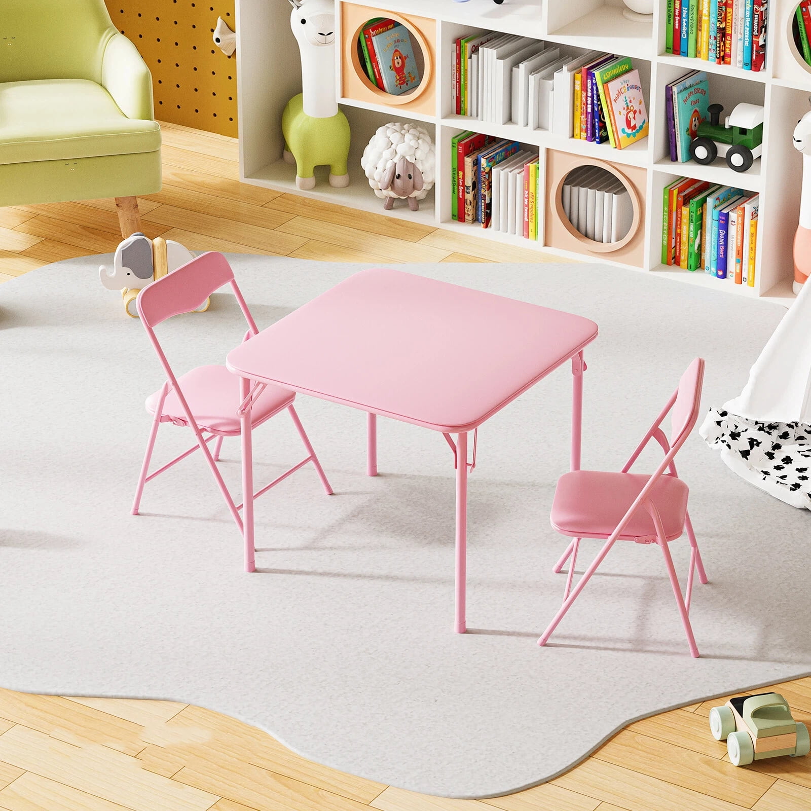Matladin 3-Piece Kids Folding Table and Chairs Set, Metal Frame ...