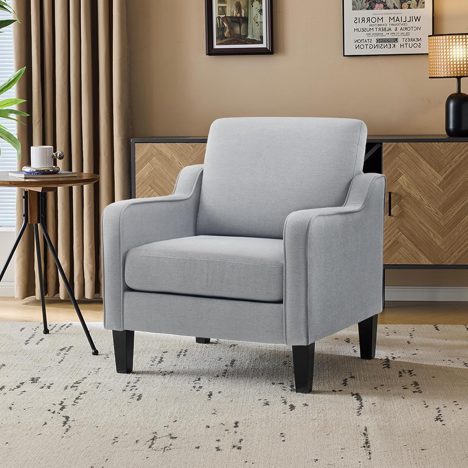 Matladin Linen Fabric Accent Chair with Scooped Arms, Mid Century ...