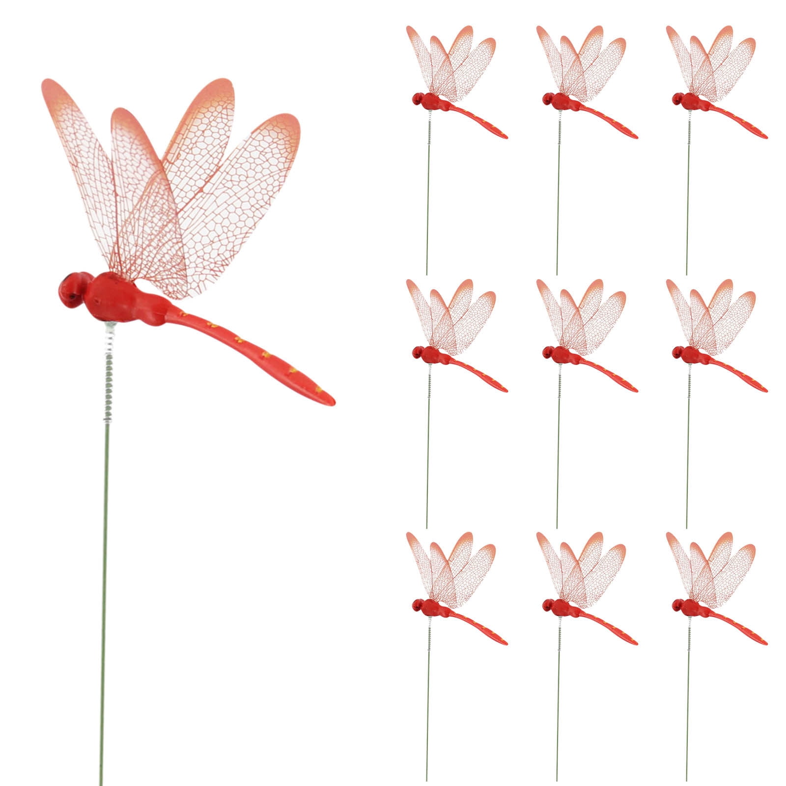 Matoen 10Pcs Dragonfly Garden Stakes Decor, 13 Inch Red Dragonfly Stake ...