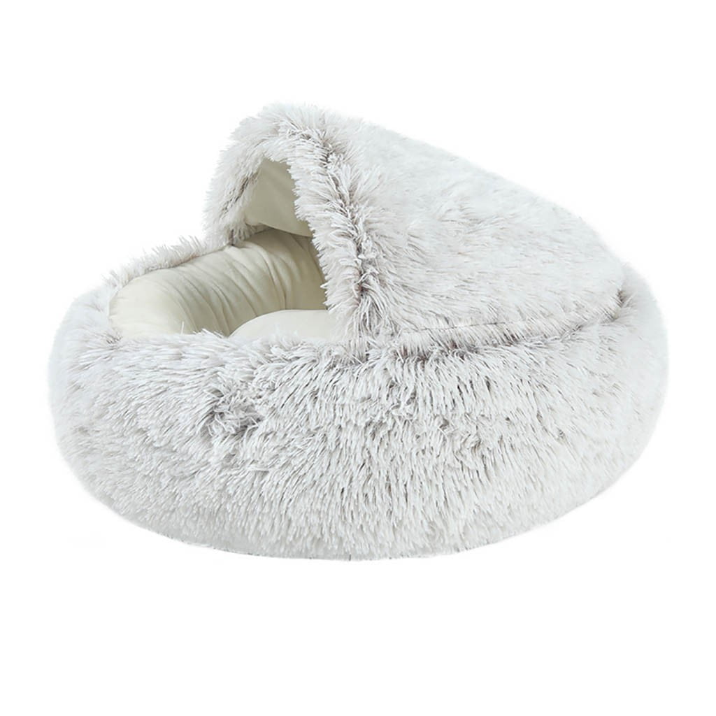 Matoen Cat Bed Round Soft Plush Burrowing Cave Hooded Cat Bed Donut for ...