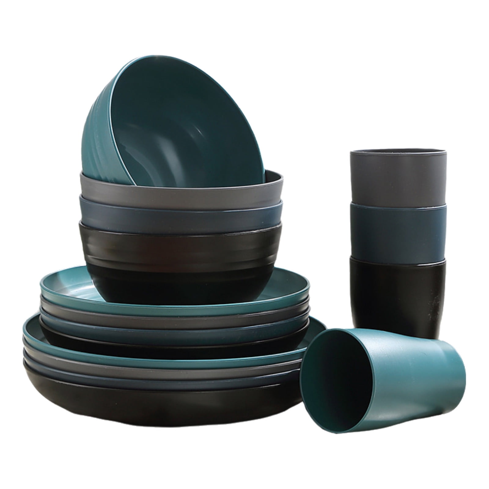 Matoen Plates and Bowls Sets, 16 Pieces Plastic Dinnerware Sets ...