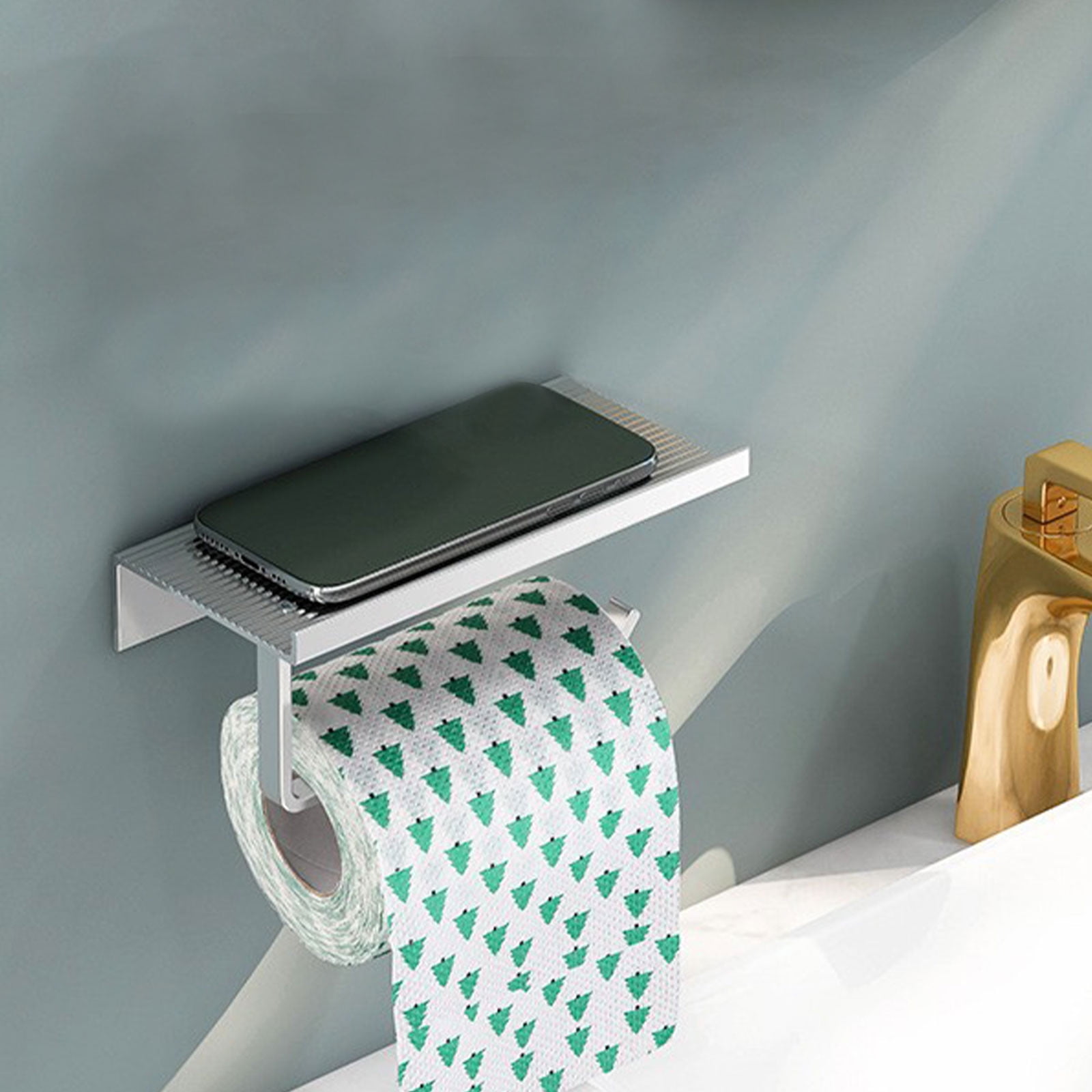 Matoen Self Adhesive Toilet Paper Holder With Phone Shelf Wall Mounted