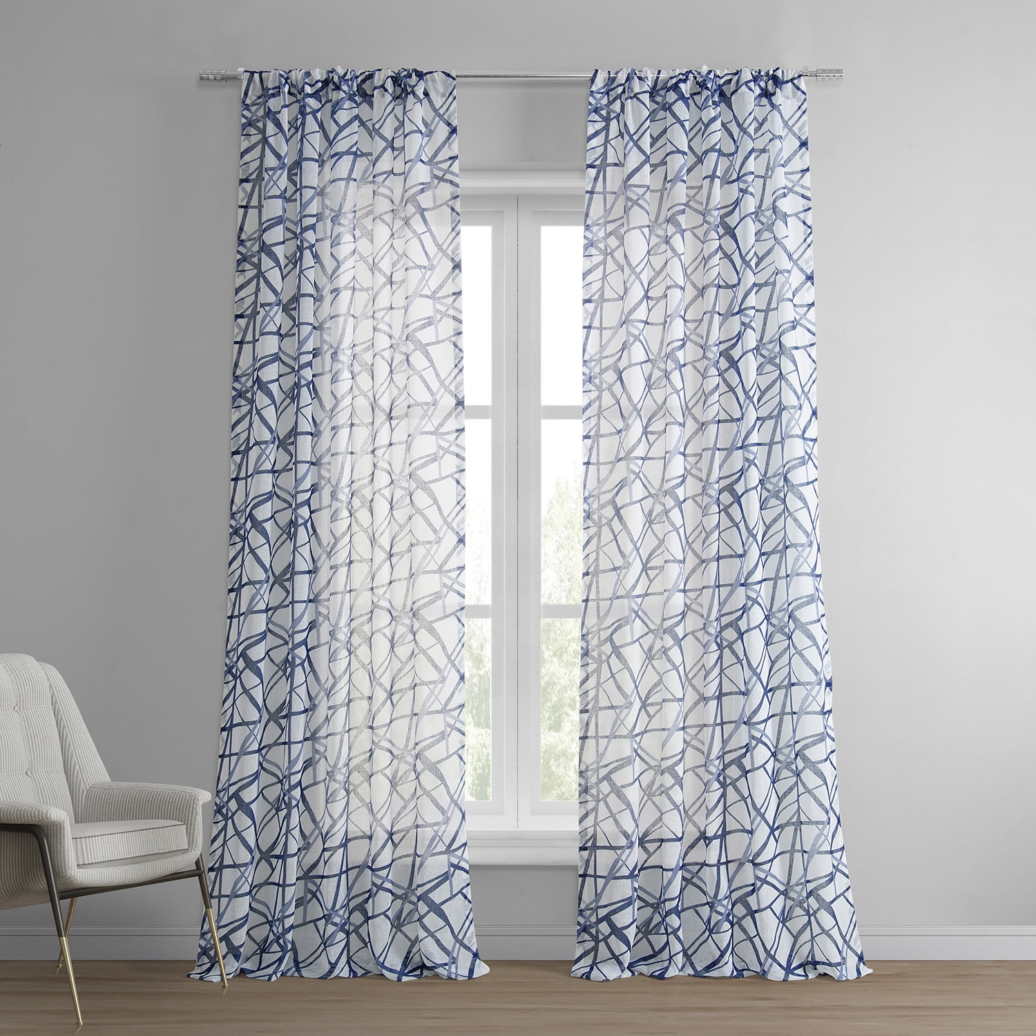 Matrix Blue Printed Faux Linen Sheer Curtain (1 Panel), Matrix Blue ...