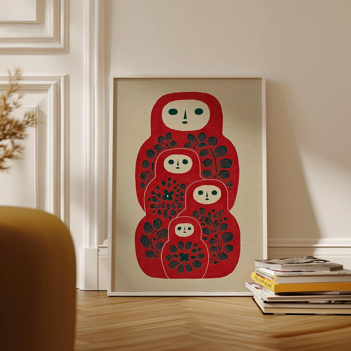 Matryoshka Art Folk Doll Illustration Nordic Style Floral Linocut ...