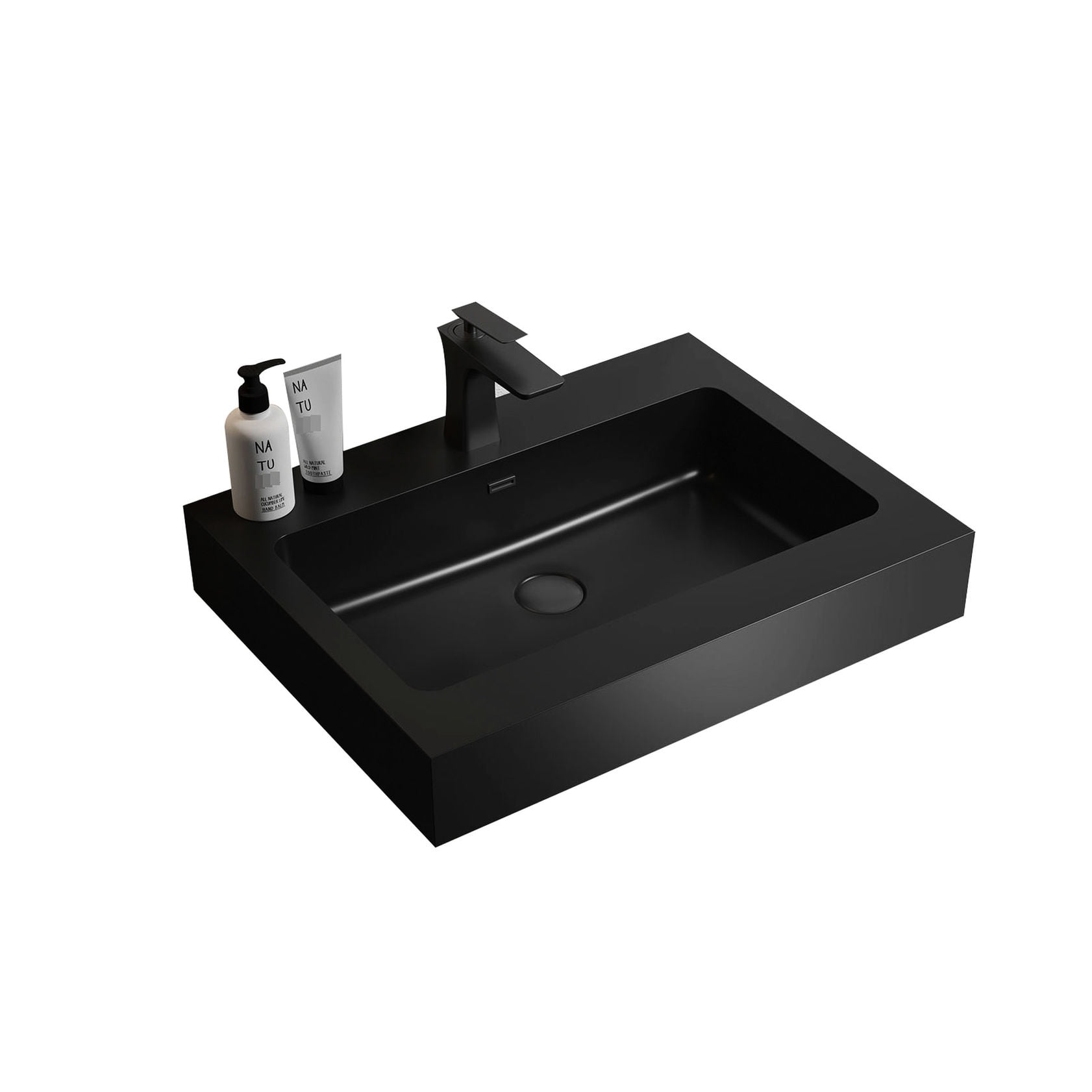 Matt black quartz basin with integrated overflow, 24-inch depth ...