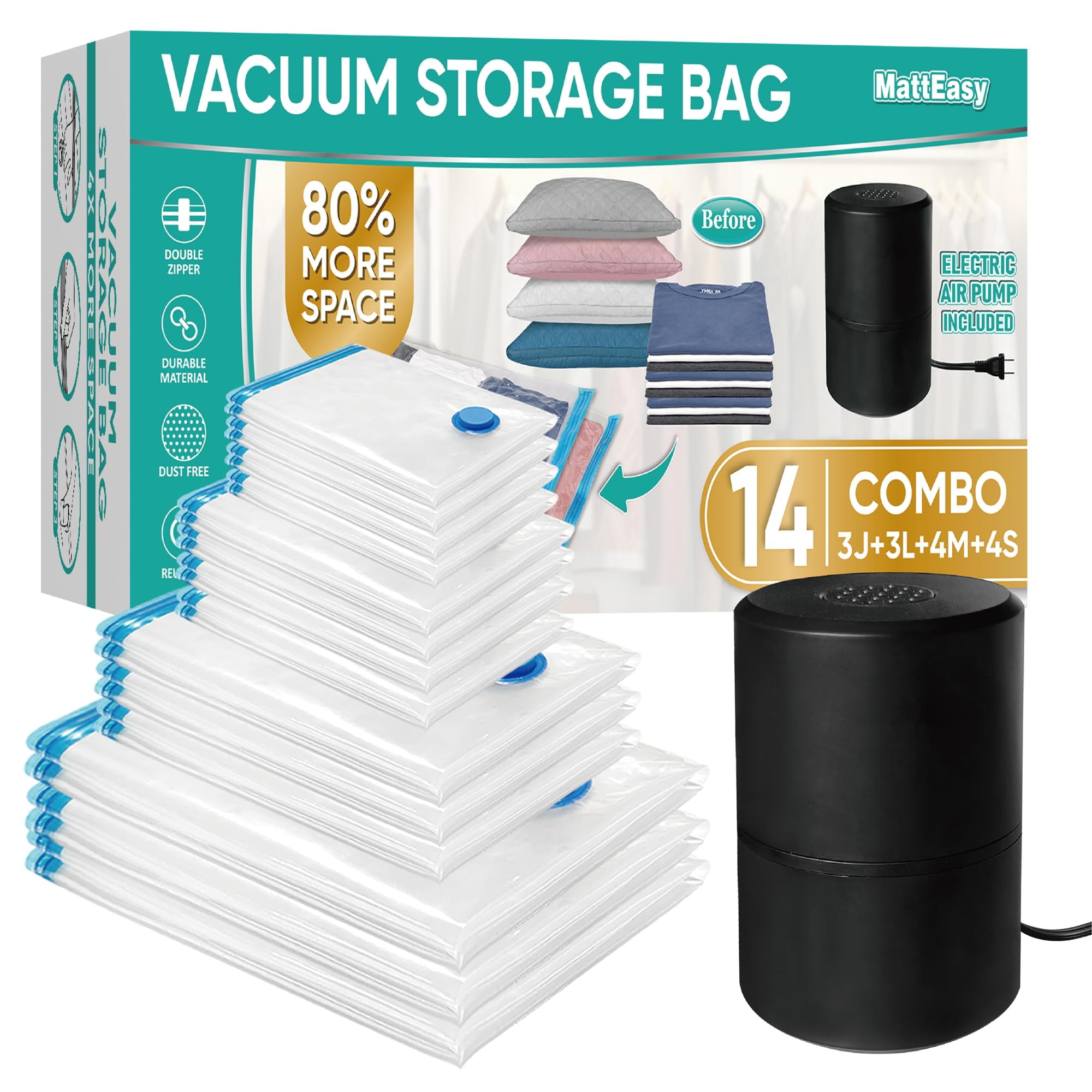 MattEasy Vacuum Storage Bags with Electric Pump, 14 Pack (3 Jumbo/3 ...