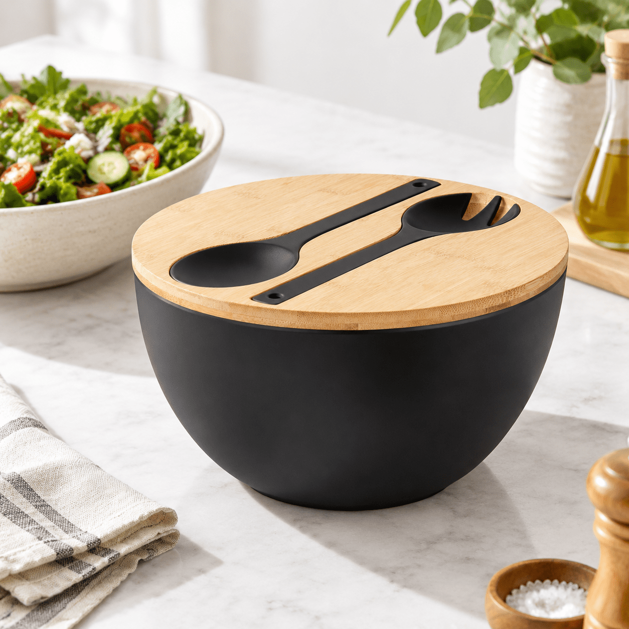 Matte Black 12.6 Inch Extra Large Salad Serving Set with Wooden Lid and ...
