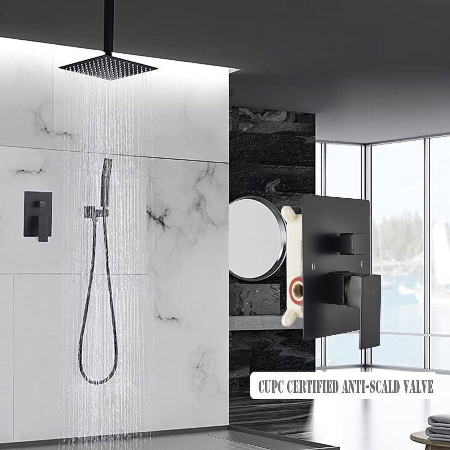 Matte Black 12-Inch Rain Shower Faucet System, Ceiling Mounted with ...