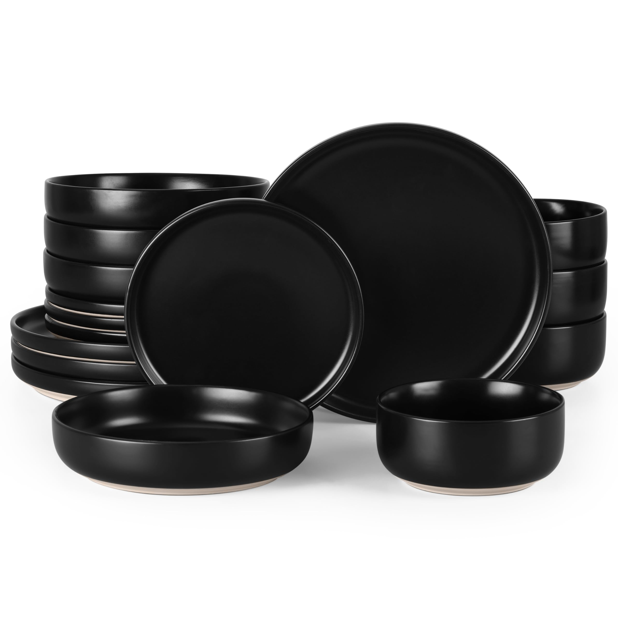 Matte Black 16pcs(with Pasta Bowls) for 4 Stoneware Dinnerware Set for ...
