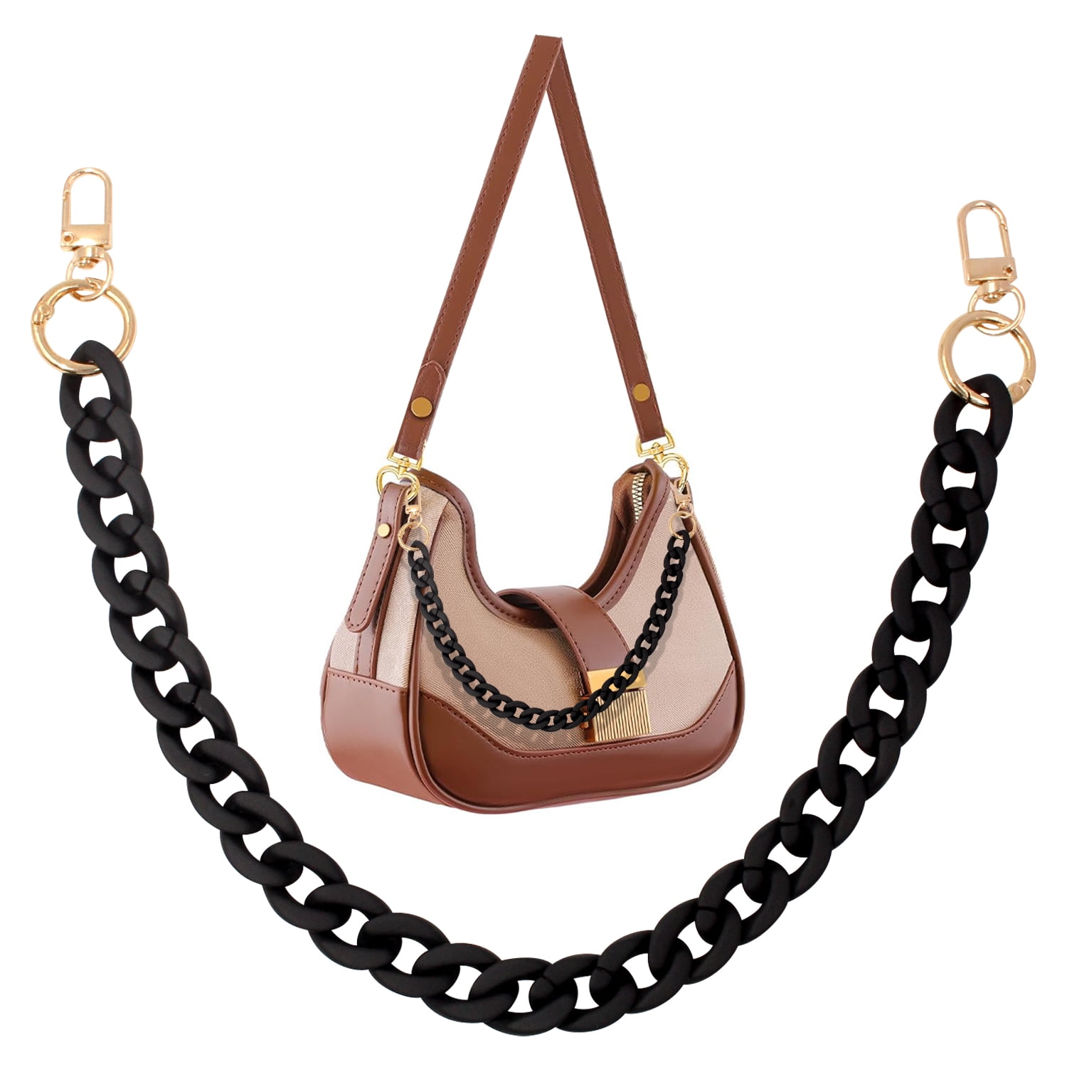 Matte Black 18" Short Purse Charm Chain, Acrylic Chunky Flat Bag Strap ...
