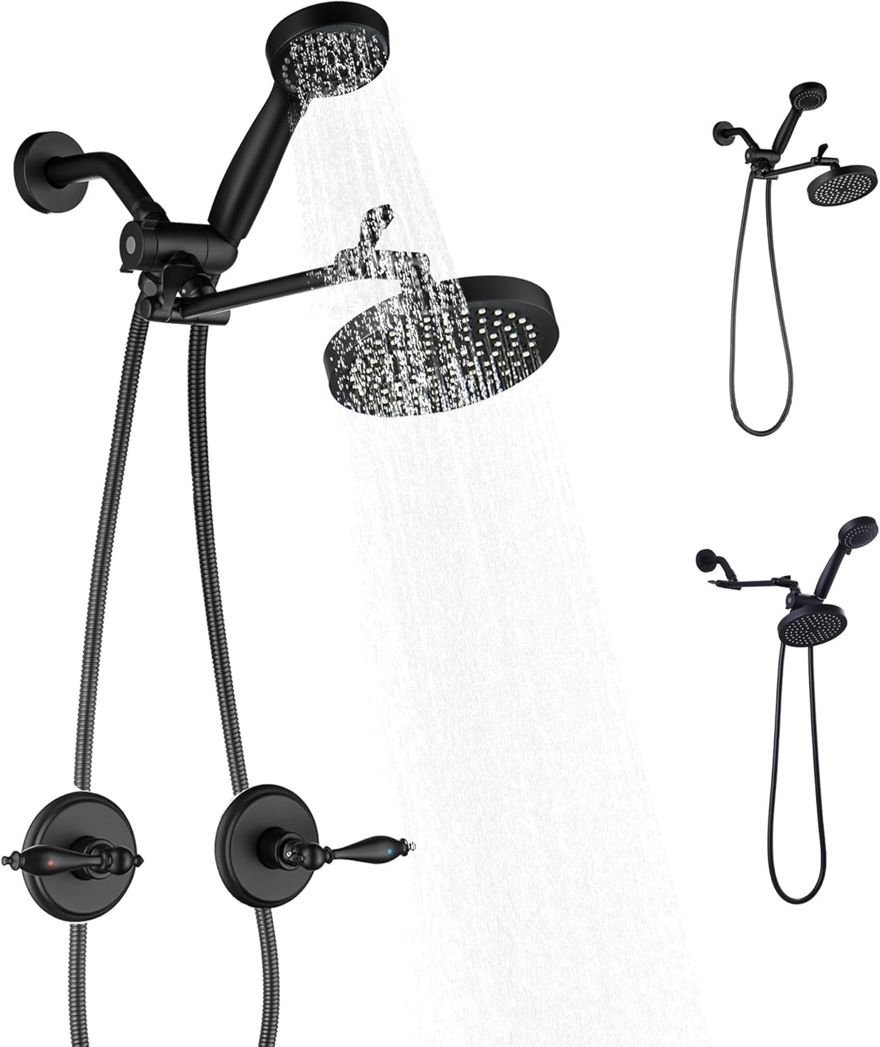 Matte Black 2 Handle Shower Faucet Set with Adjustable Extention Shower Arm and 2 Knobs ...