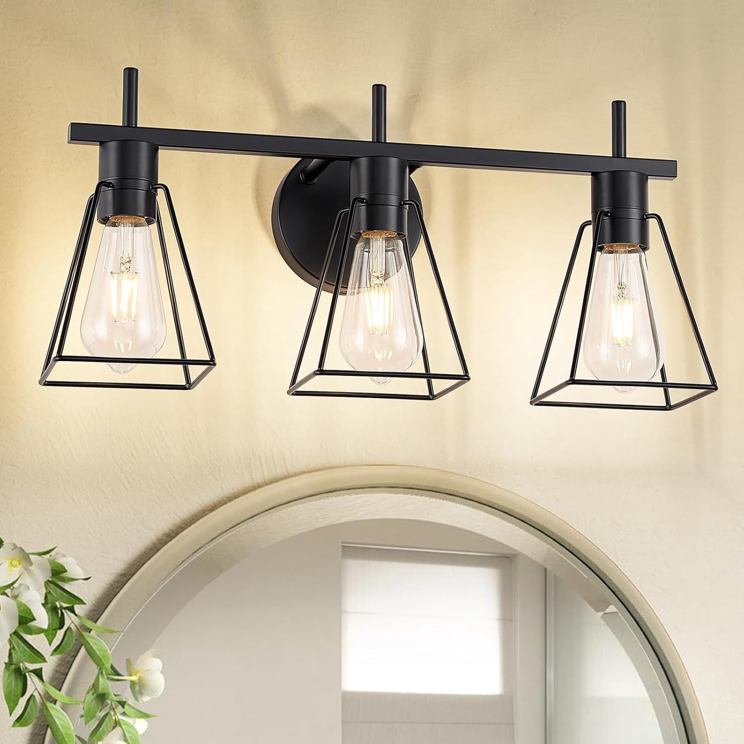 Matte Black 3-Light Wall Sconce with Metal Cage for Farmhouse Bathroom ...