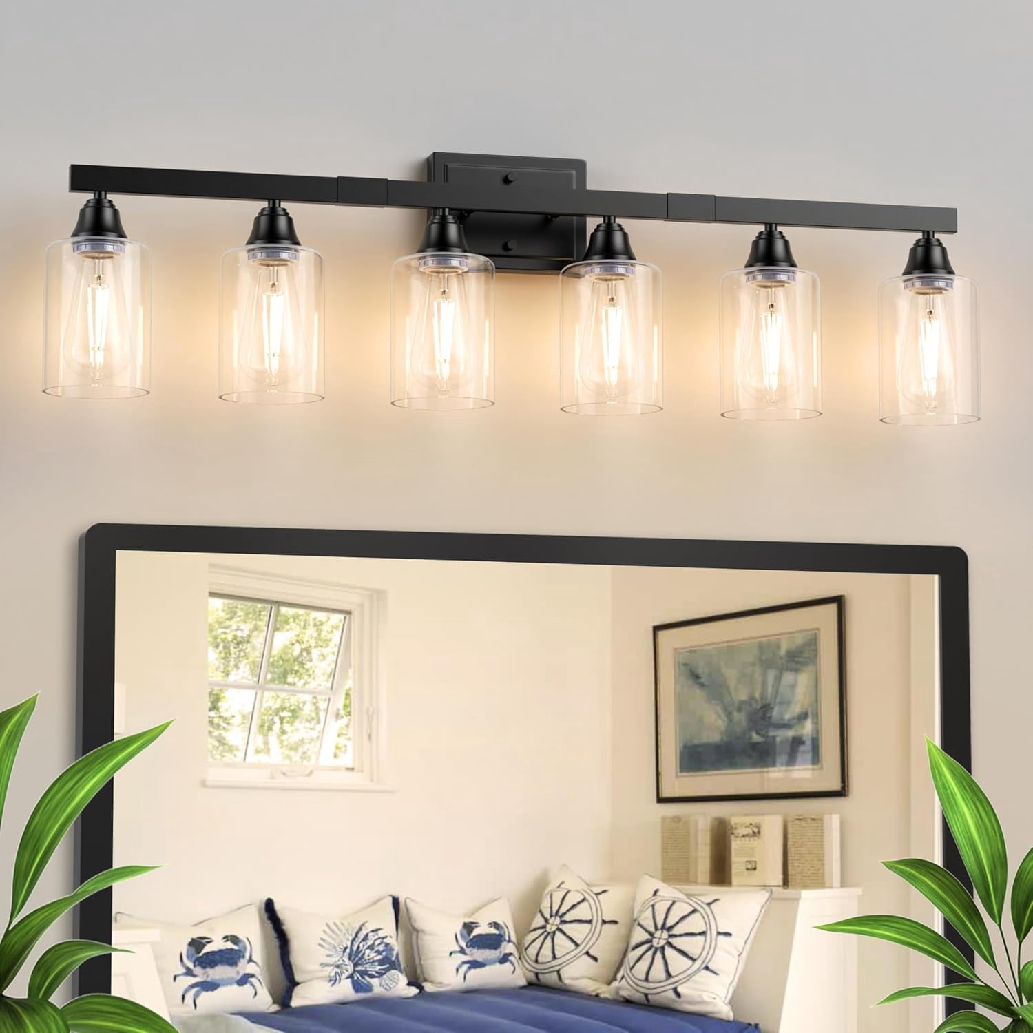 Matte Black 6-Light Bathroom Vanity Fixture with Clear Glass Shades for ...