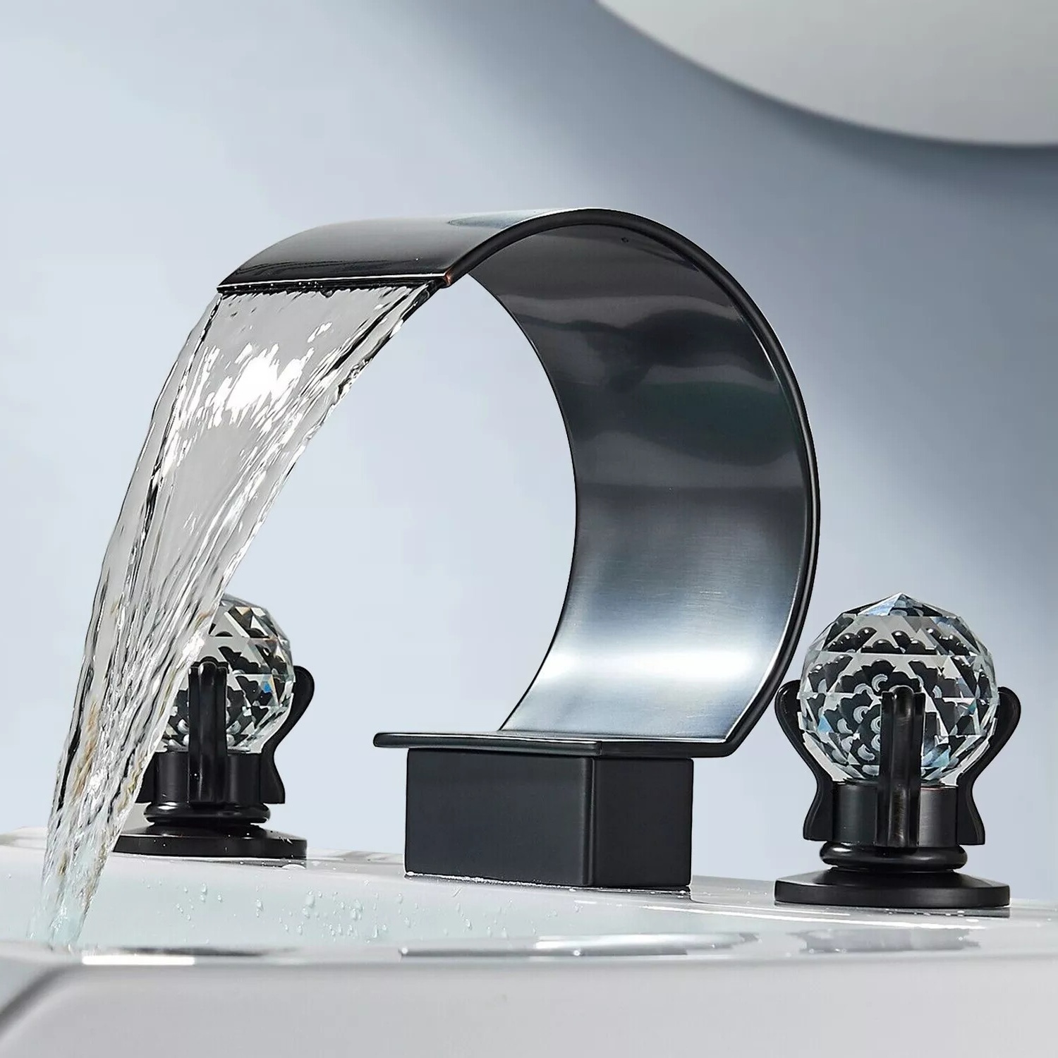 Widespread Bathroom Sink Faucet with Crystal Handle, 3 Hole Waterfall ...