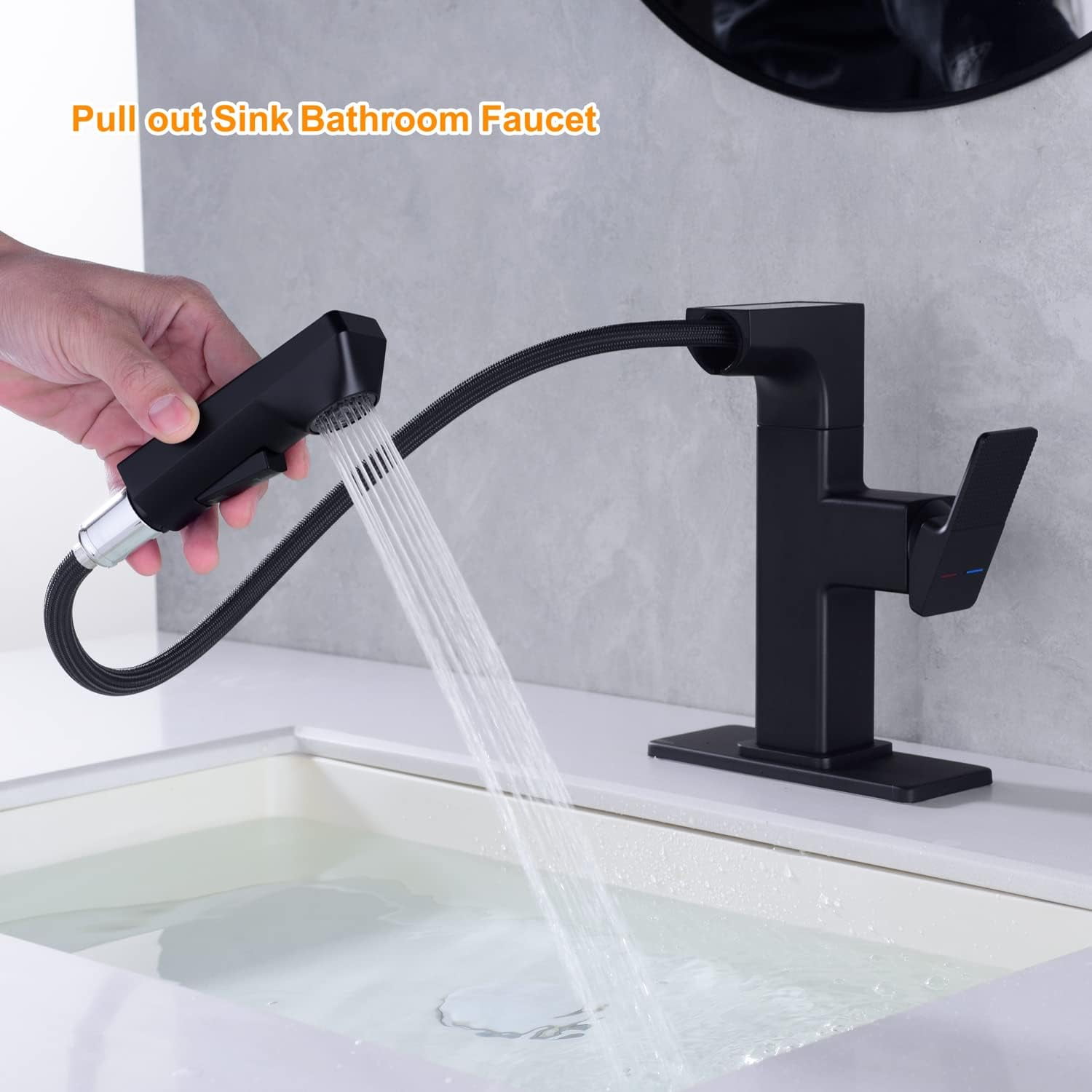 Matte Black Bathroom Faucet with Pull Out Sprayer, LED Bathroom Sink ...