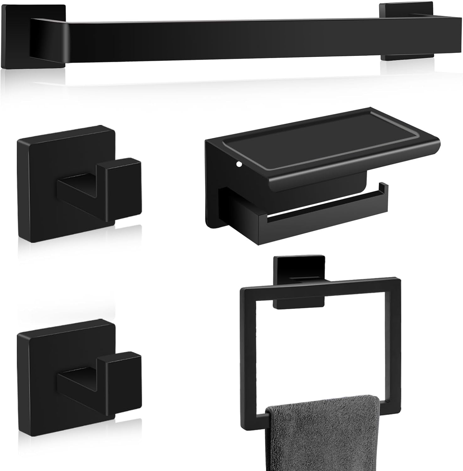 Matte Black Bathroom Hardware Accessories Set of 5 Pieces, 15.6 Inch ...