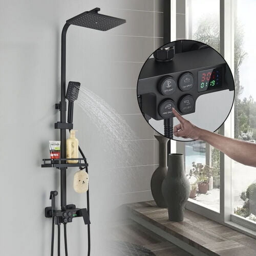 Matte Black Bathroom Shower System with Shelf Hand Shwoer Single Handle ...