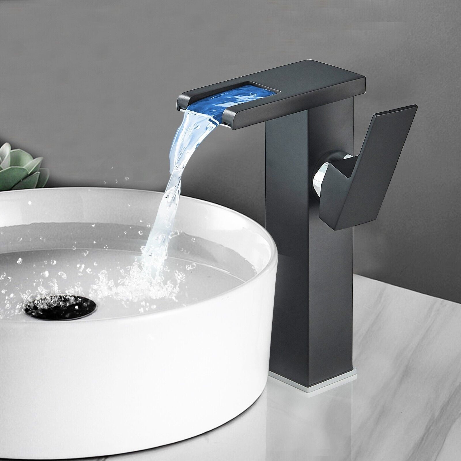 Matte Black Bathroom Sink Faucet LED Waterfall Vessel Faucet Single ...
