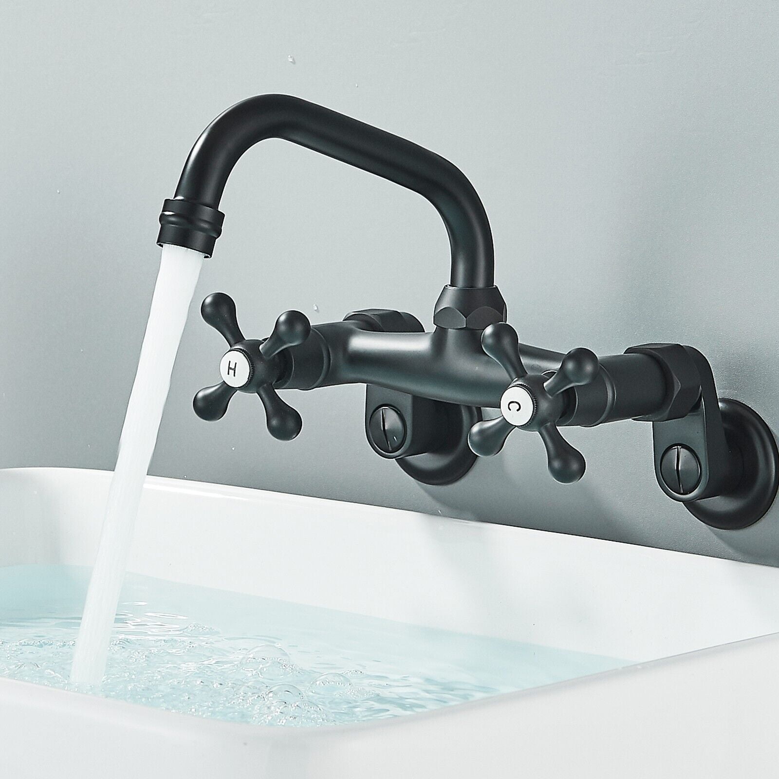 Matte Black Bathroom Sink Faucet Wall-Mounted Dual Handle Double Holes ...