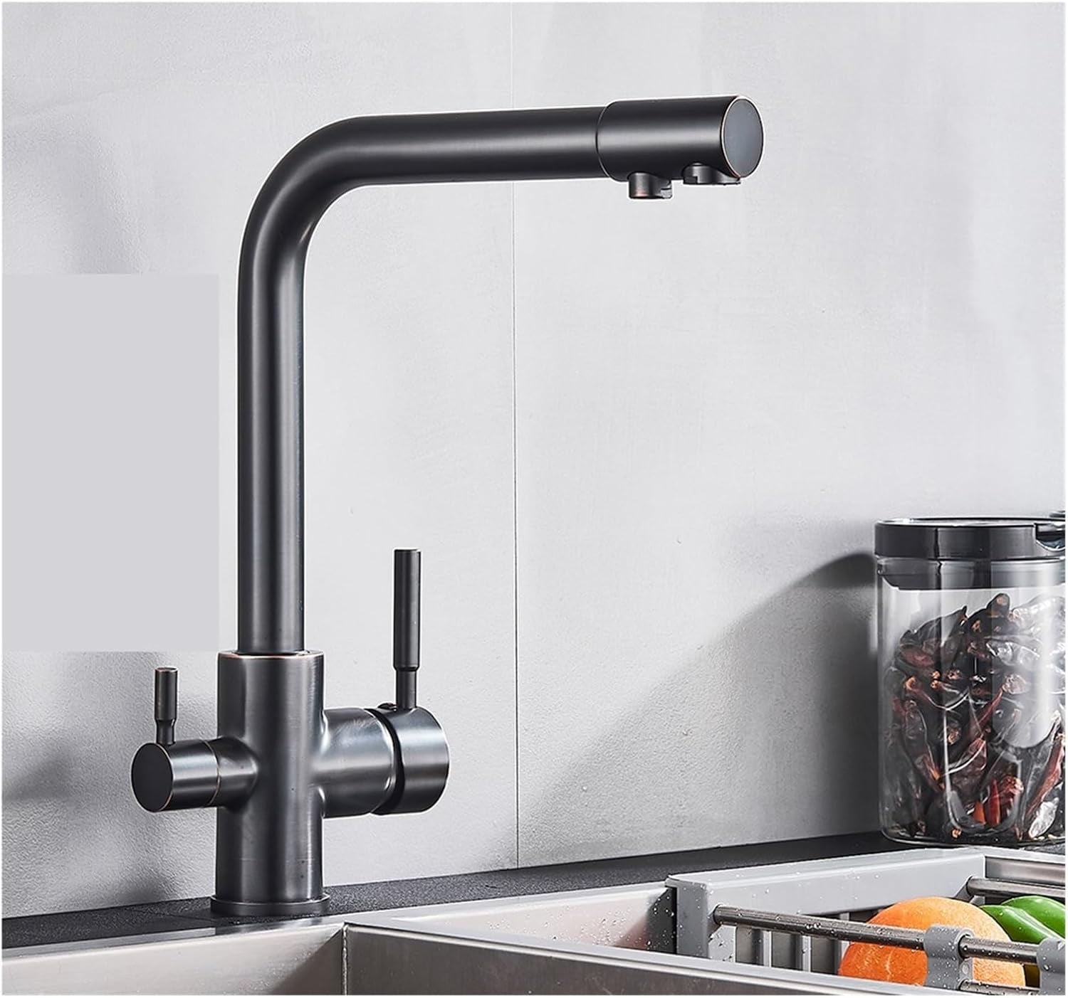 Matte Black Brass Pure Water Kitchen Faucet Dual Handle Hot and Cold ...