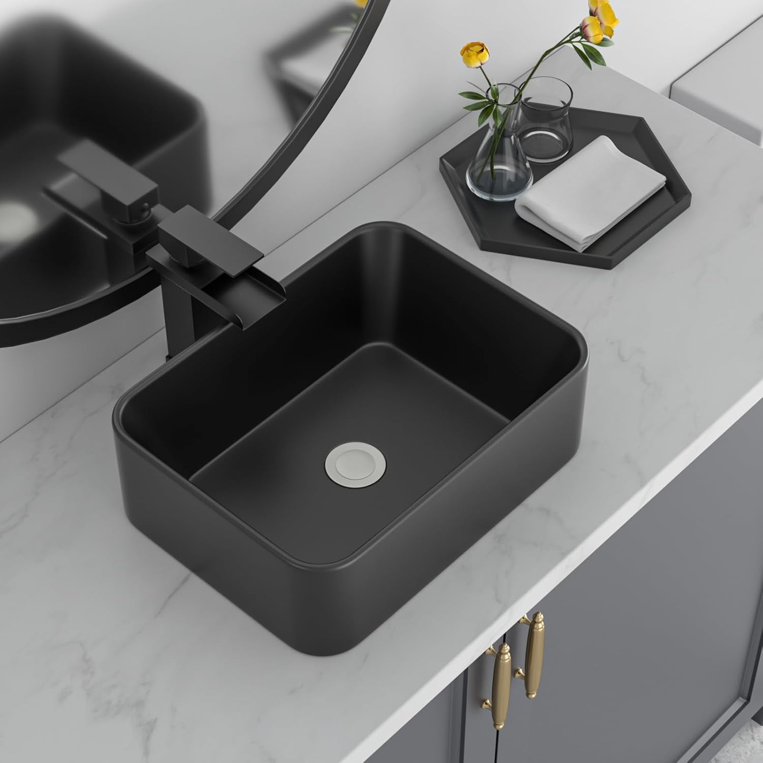 Matte Black Ceramic Vessel Sink 16"x12" Rectangular Basin for Bathrooms ...