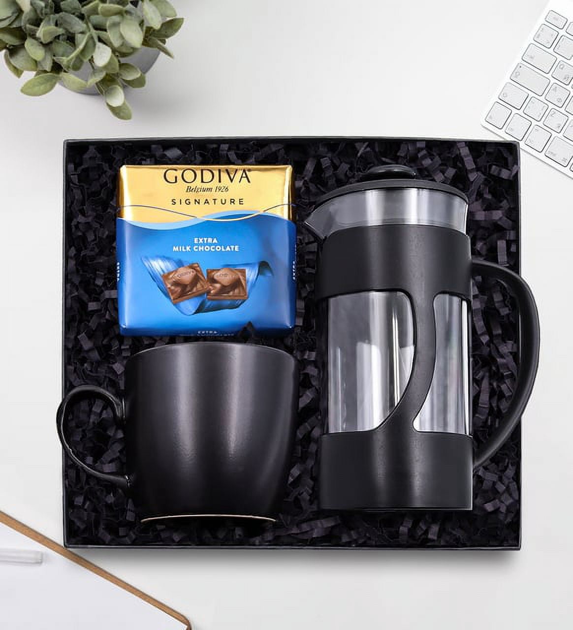 Matte Black Cup & Godiva Chocolate & Black French Press Gift Set ...