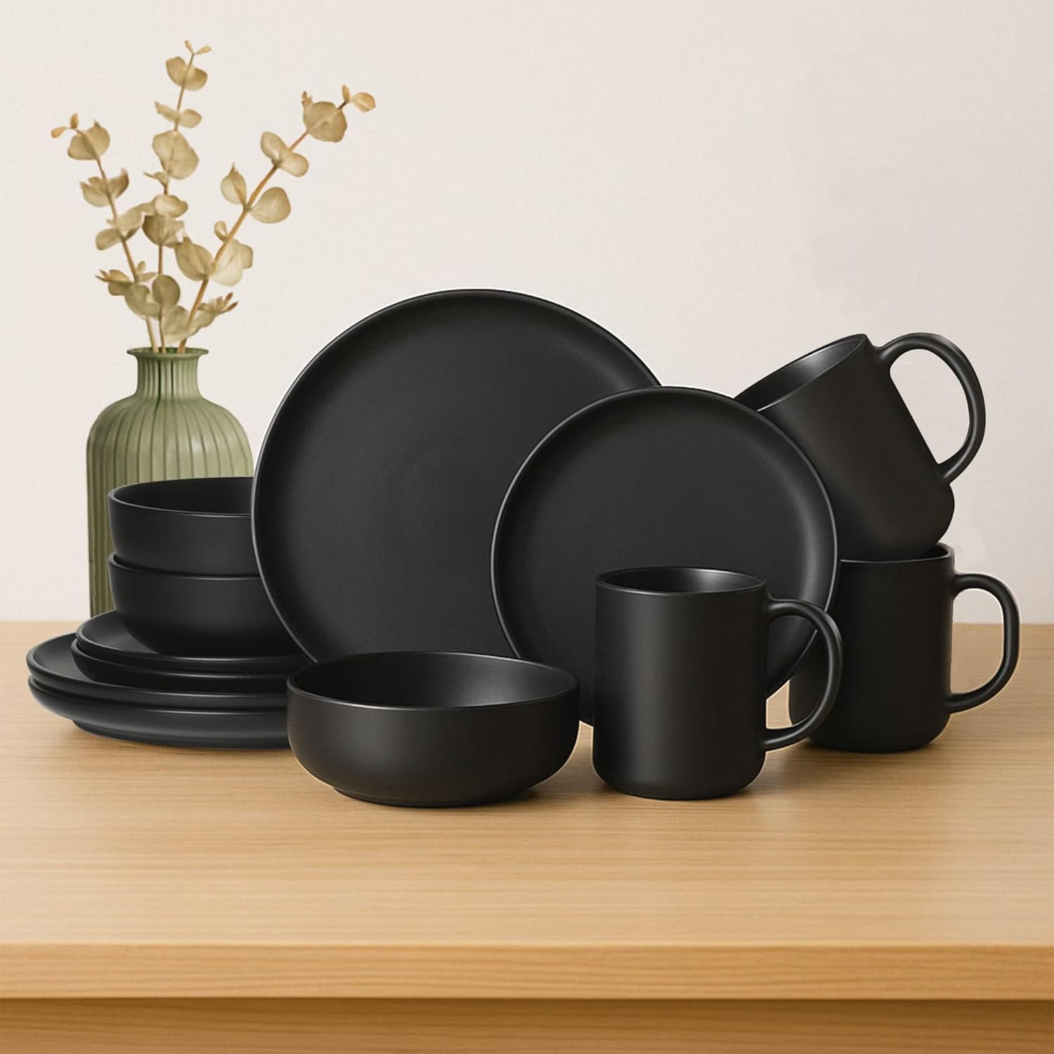 Matte Black Dinnerware Set, Stoneware Dinnerware for 3, Microwave ...