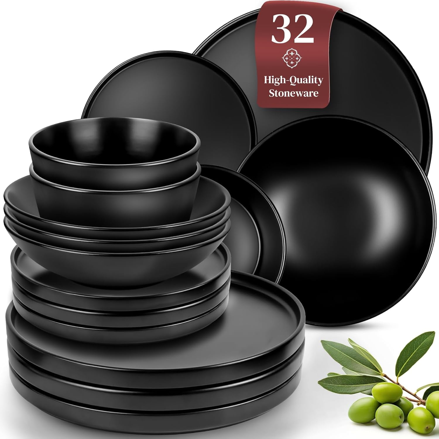Matte Black Dinnerware Set - Ultra Chic Black Stoneware Dinnerware Sets for 8-32 pcs. Matte ...