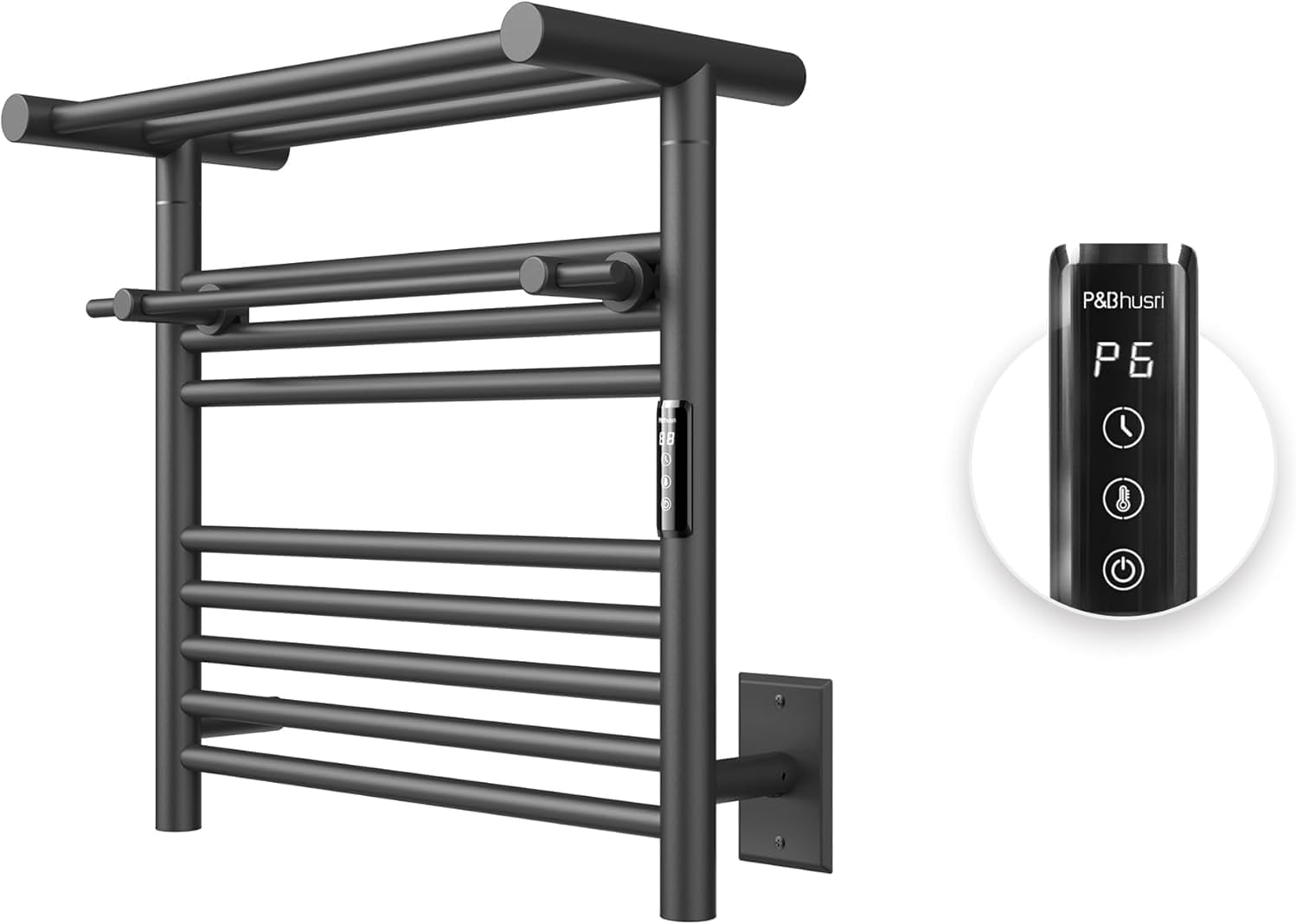 Matte Black Heated Towel Rack with Top Shelf, Wall Mounted Towel Warmer ...