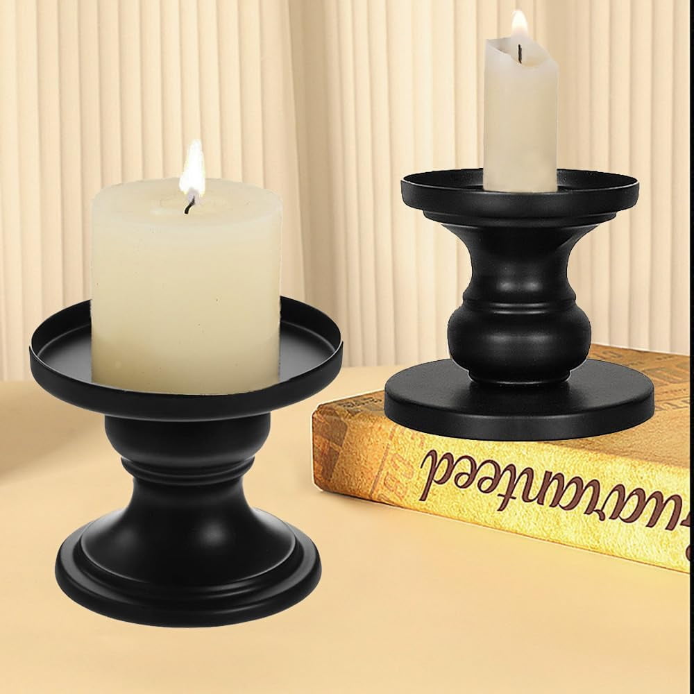 Matte Black Iron Pillar Candle Holders - Set of 2 Candlestick Holders ...