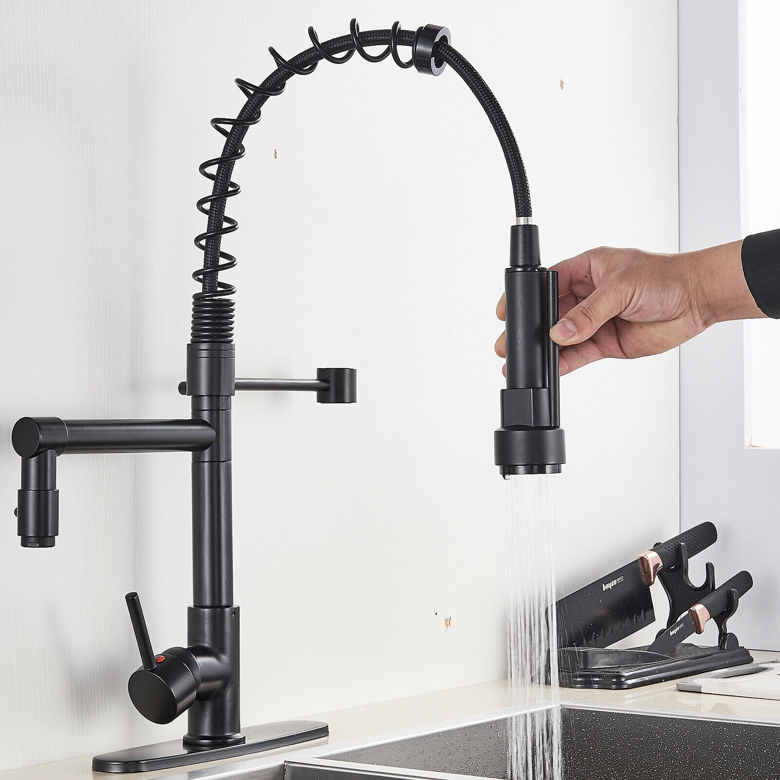 Matte Black Kitchen Faucet, Single Handle, Pull Down Sprayer, Spring ...