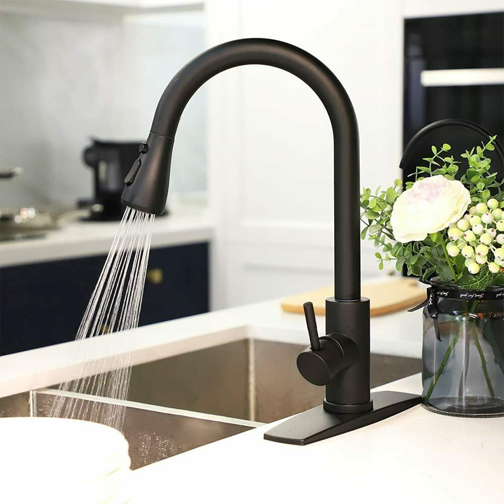 Matte Black Kitchen Faucet Sink Pull Down Sprayer Single Handle Swivel ...