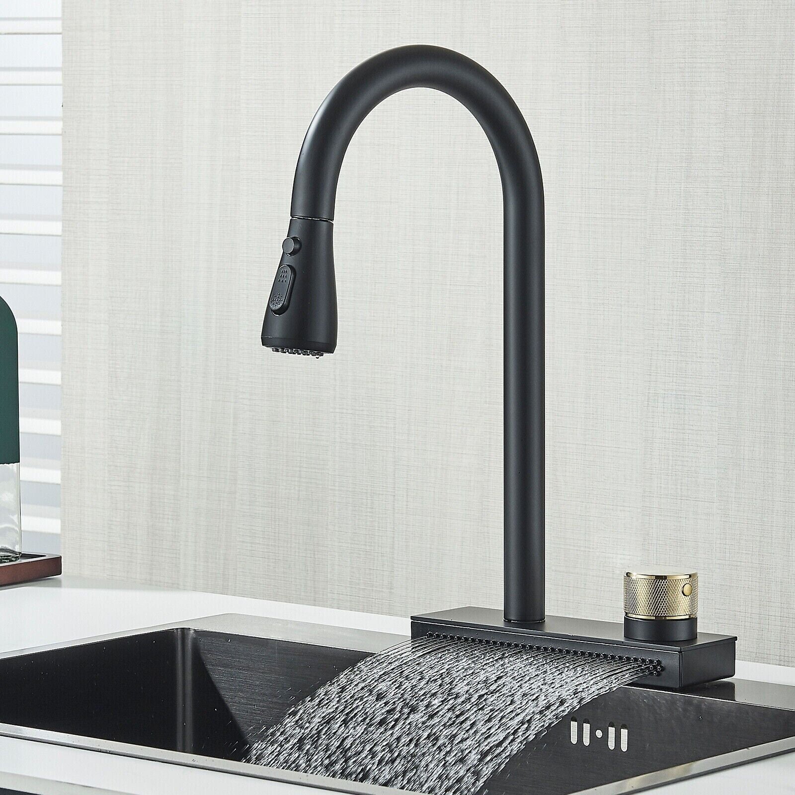 Matte Black Kitchen Sink Faucet Pull Out Single Handle Waterfall ...