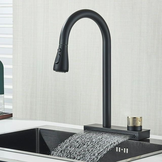Matte Black Kitchen Sink Faucet Pull Out Single Handle Waterfall ...