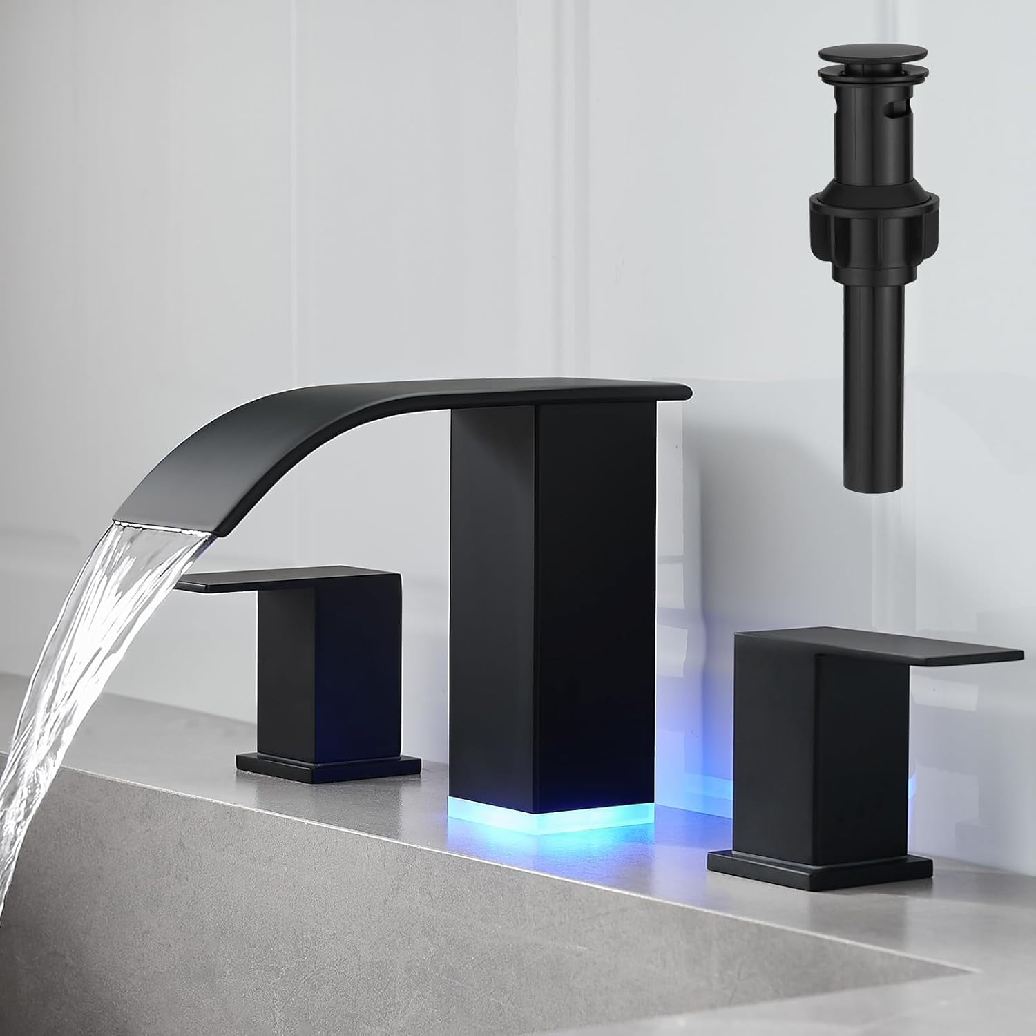 Matte Black LED Bathroom Faucets Set 8 Inch Widespread Lavatory Sink ...