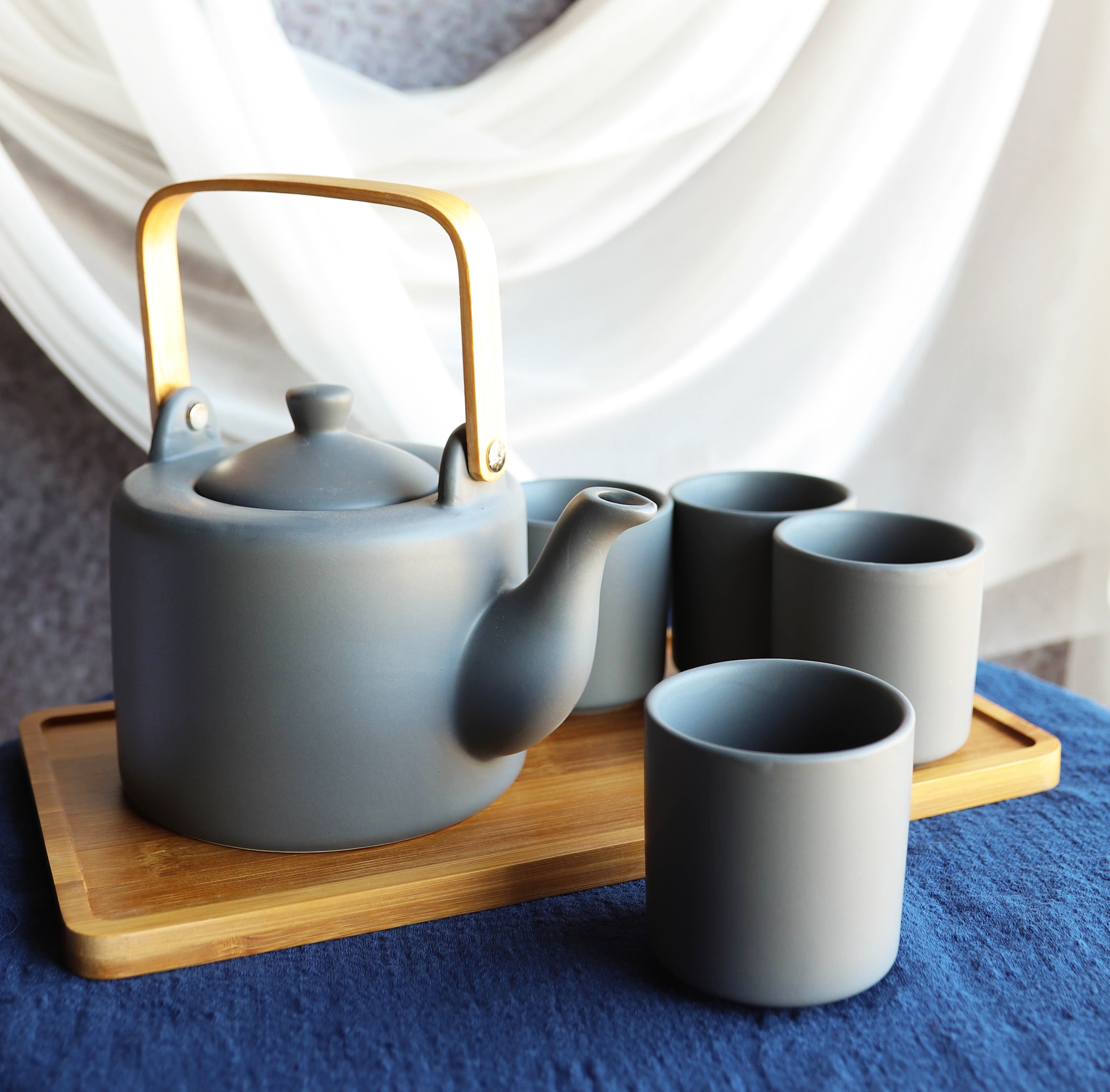 Matte Black Modern Ceramic 28oz Tea Pot With 4 Cups And Bamboo Serving ...
