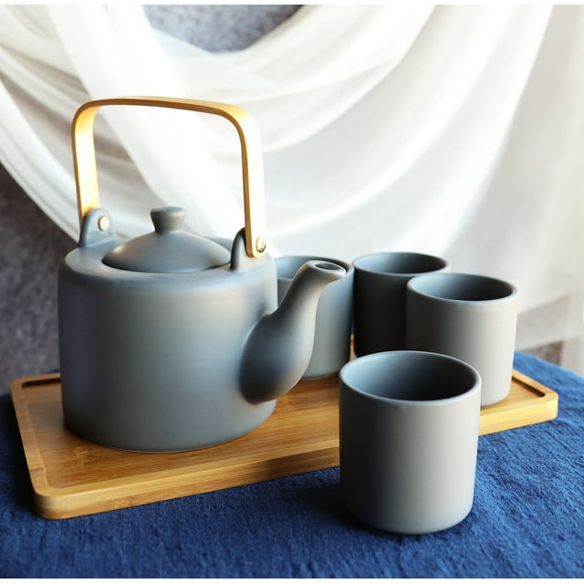 Matte Black Modern Ceramic 28oz Tea Pot With 4 Cups And Bamboo Serving ...