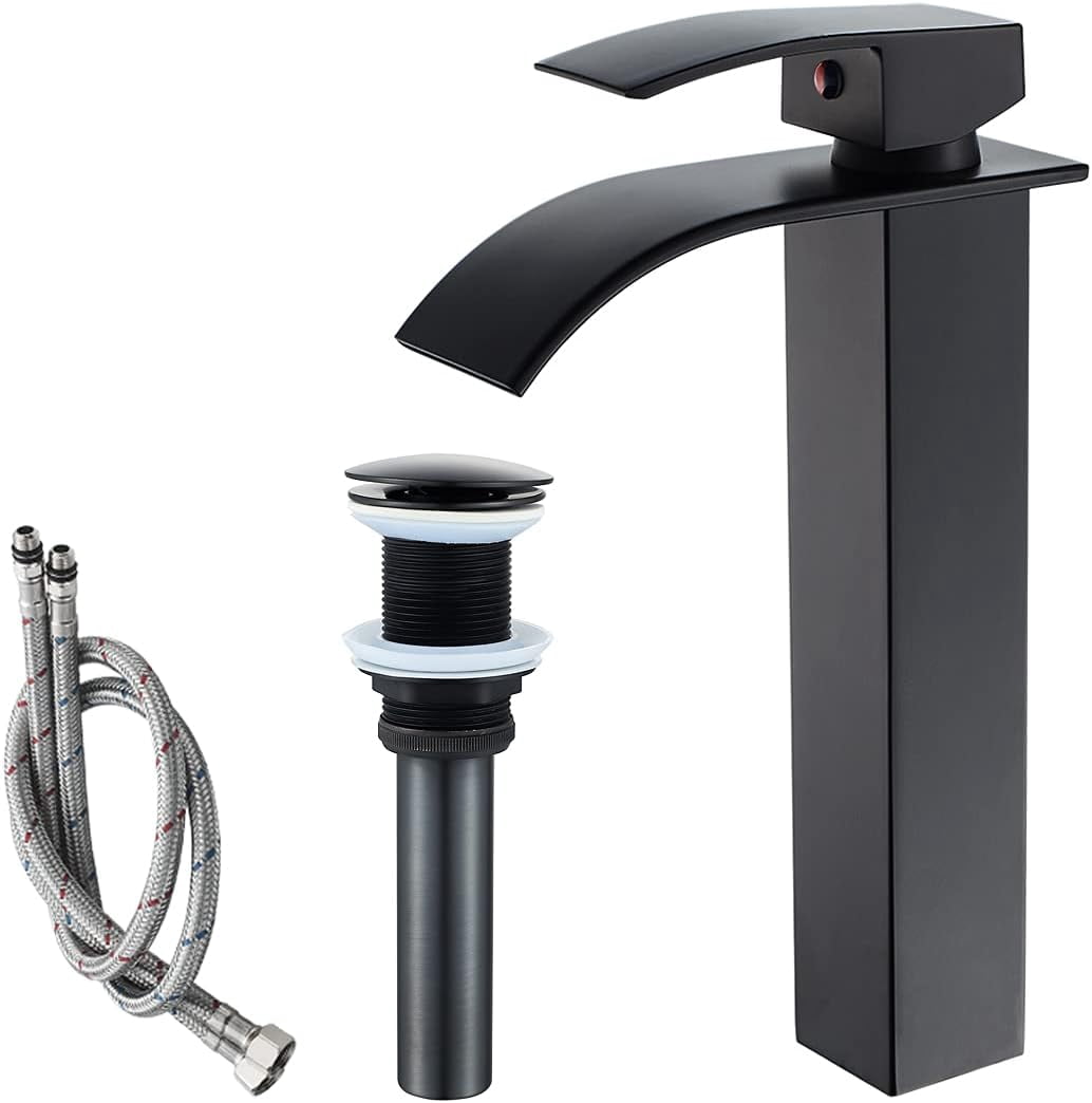 Matte Black Modern Tall Waterfall Bathroom Sink Faucet with Pop-Up ...