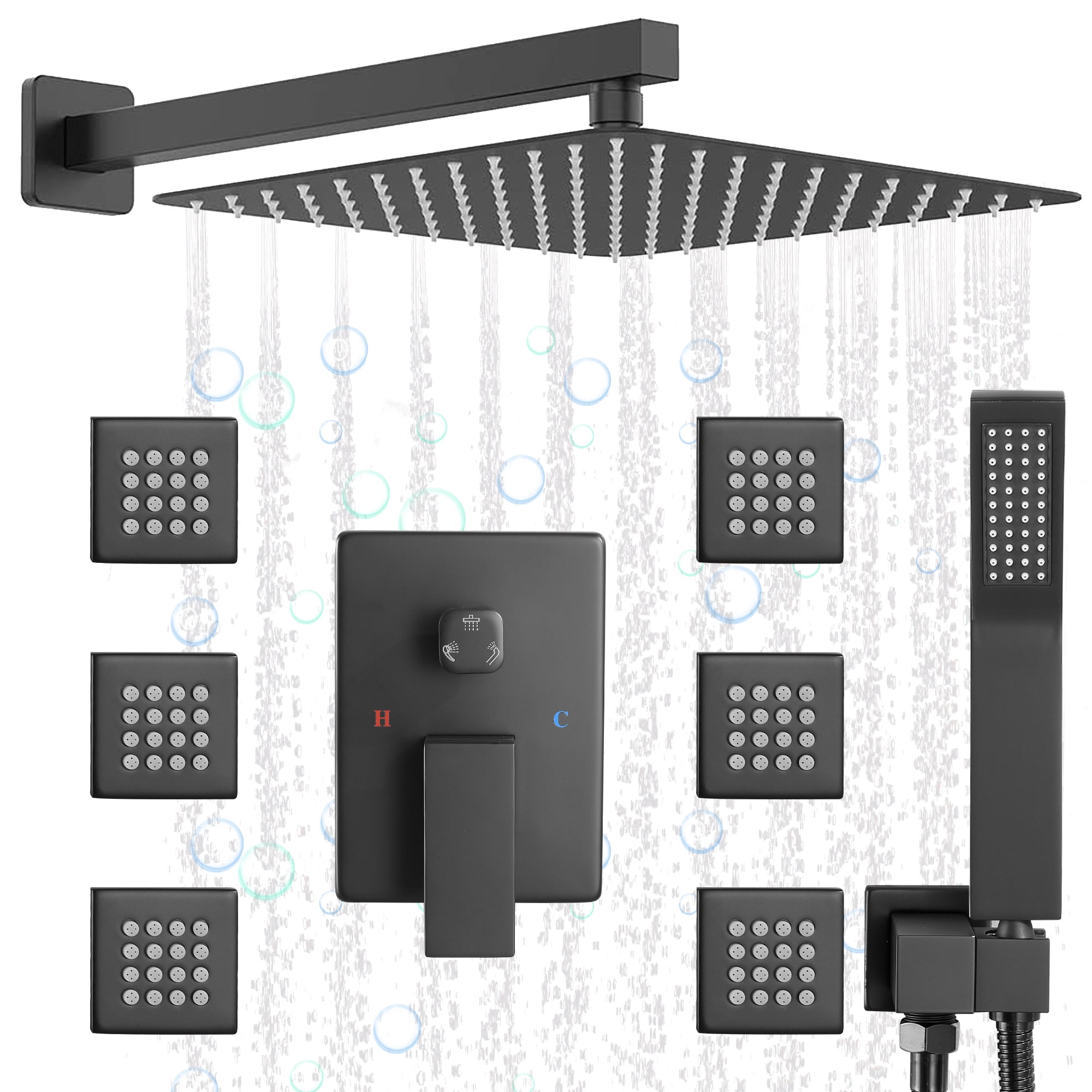 Matte Black Rain Shower System with 6 Body Shower Jets, Shower Jets ...