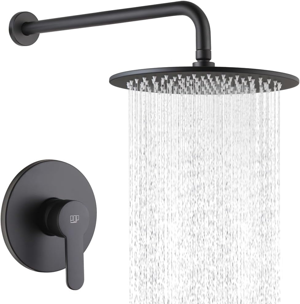 Matte Black Shower Faucet Set with 10 Inch Round Rain Shower Head and Handle Bathroom Rainfall ...