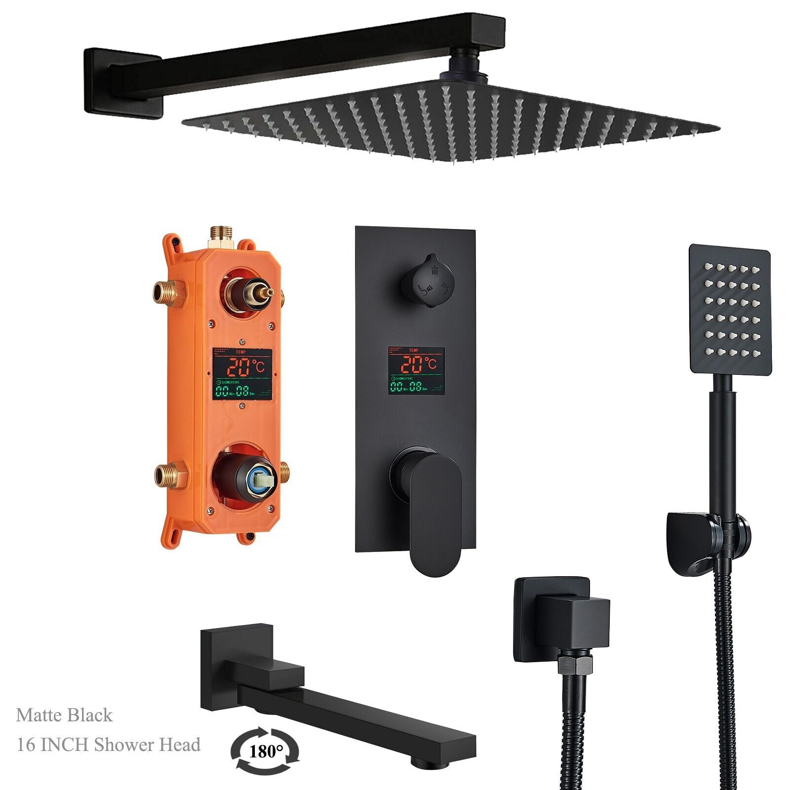 Matte Black Shower Faucet Set Kit 16in Rainfall Head Combo with Tub ...